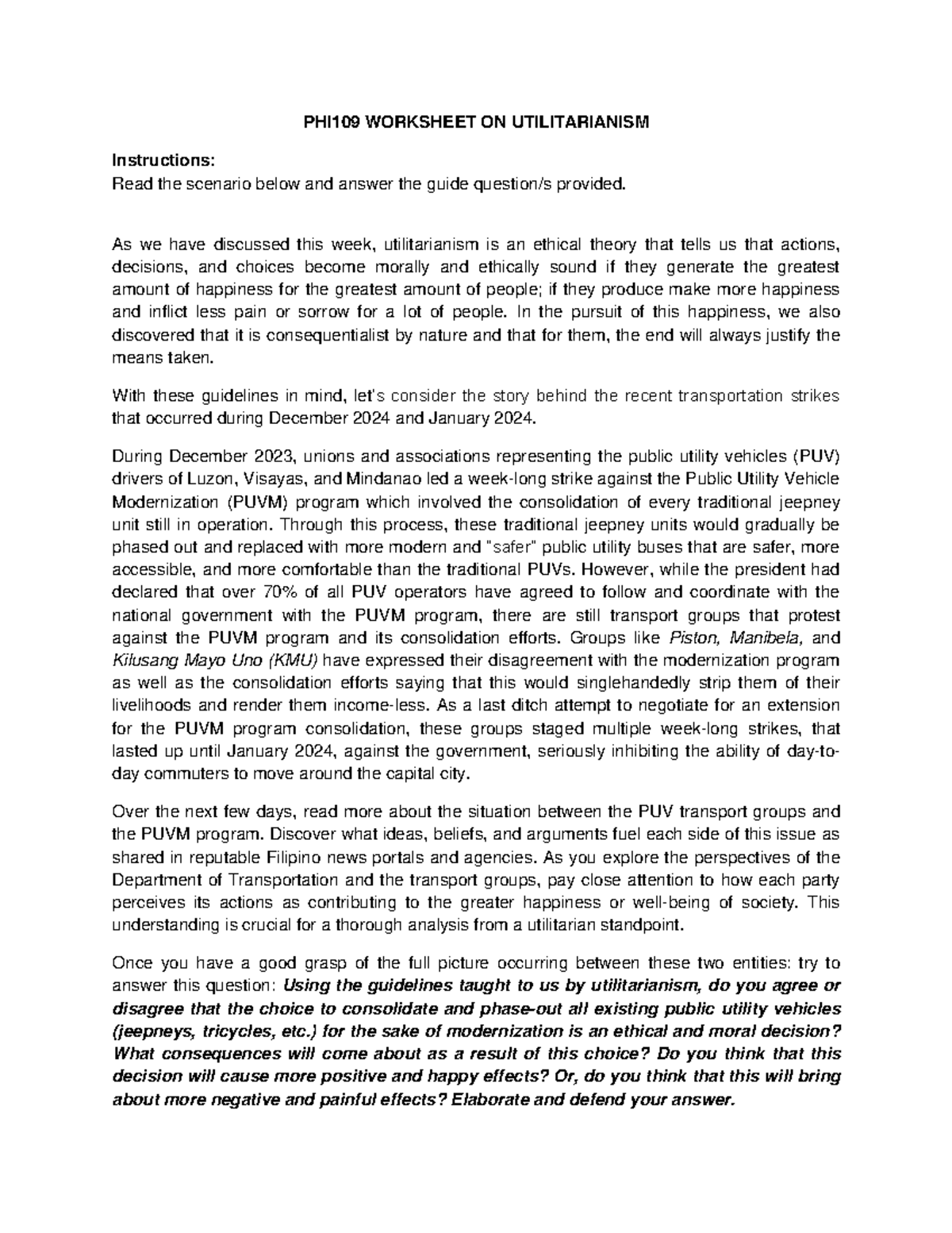PHI109 Worksheet ON Utilitarianism - PHI109 WORKSHEET ON UTILITARIANISM ...