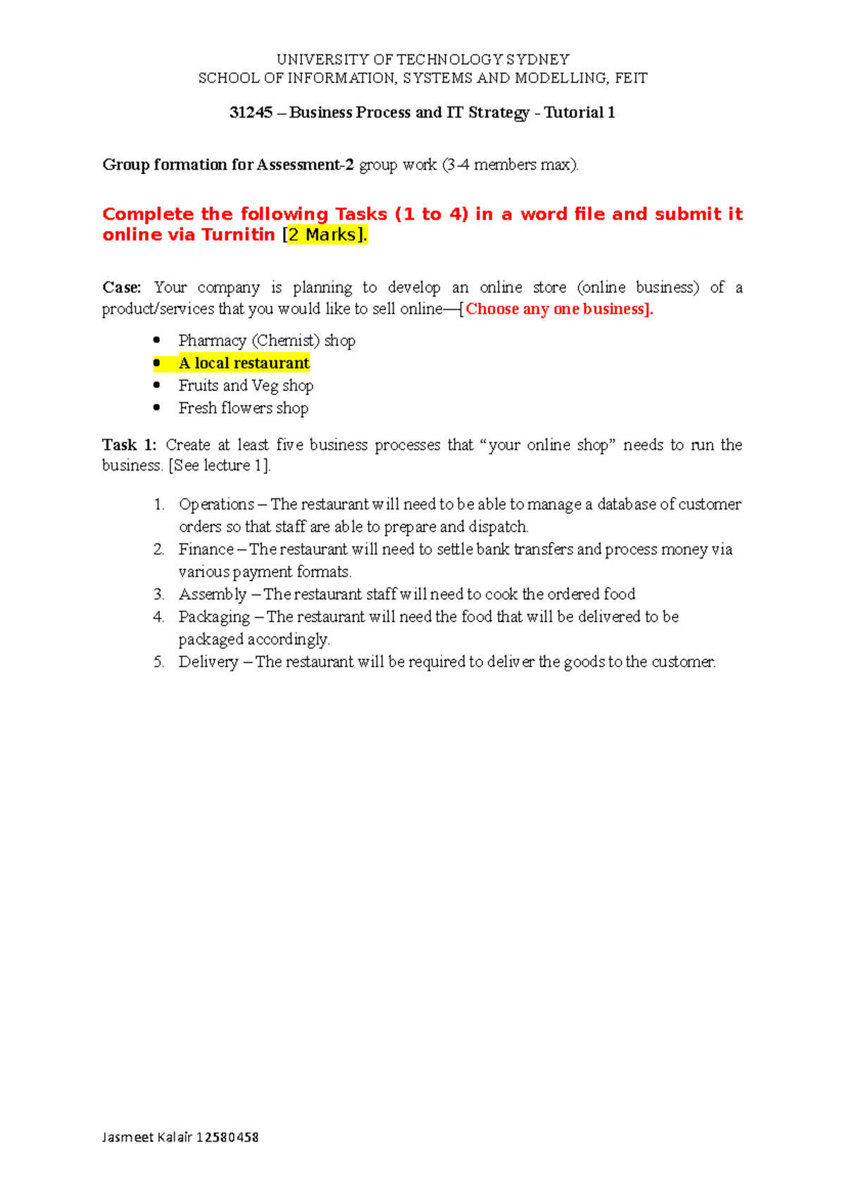 Week 1 Tutorial Activity School Of Information Systems And Modelling Feit 31245 Business