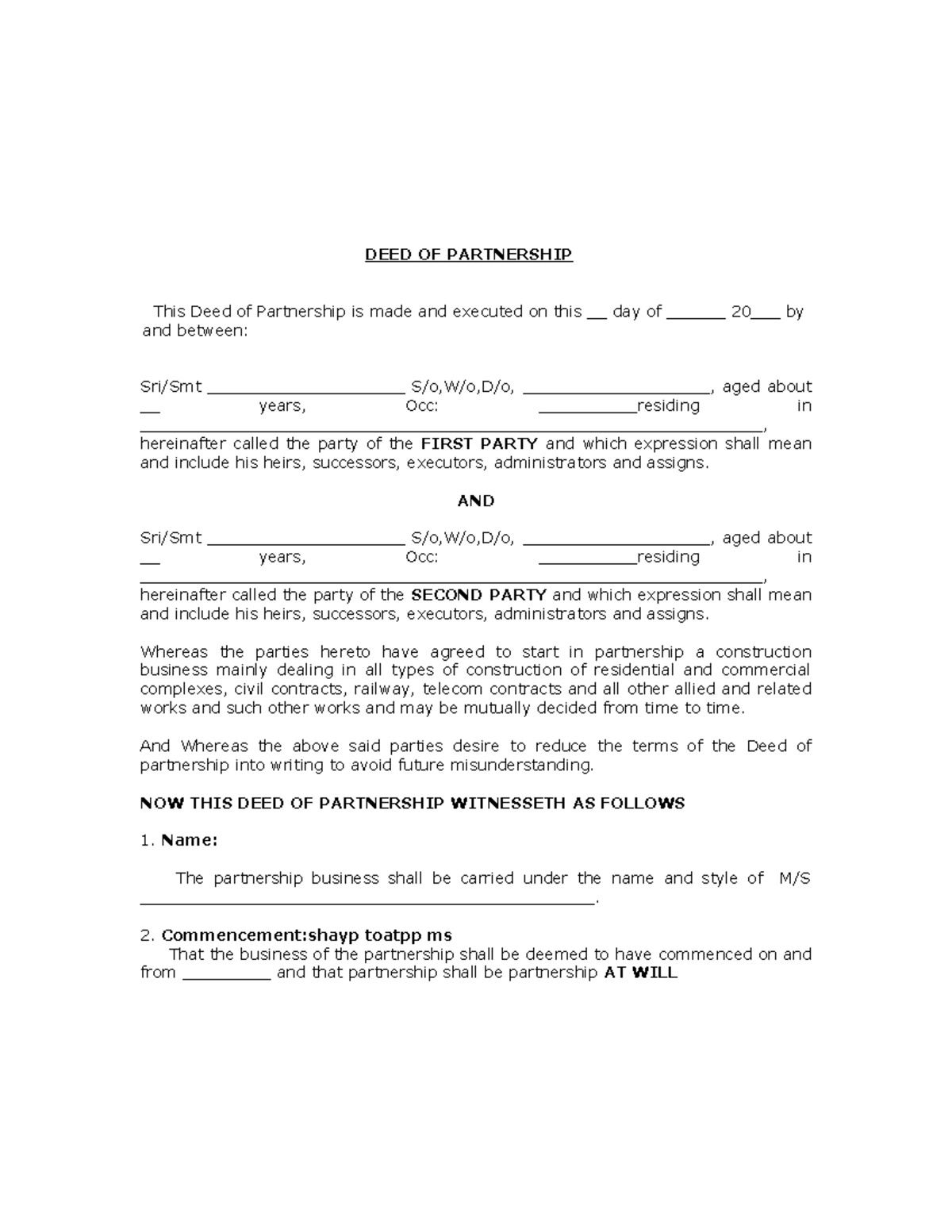 DEED OF Partnership - DEED OF PARTNERSHIP This Deed of Partnership is ...