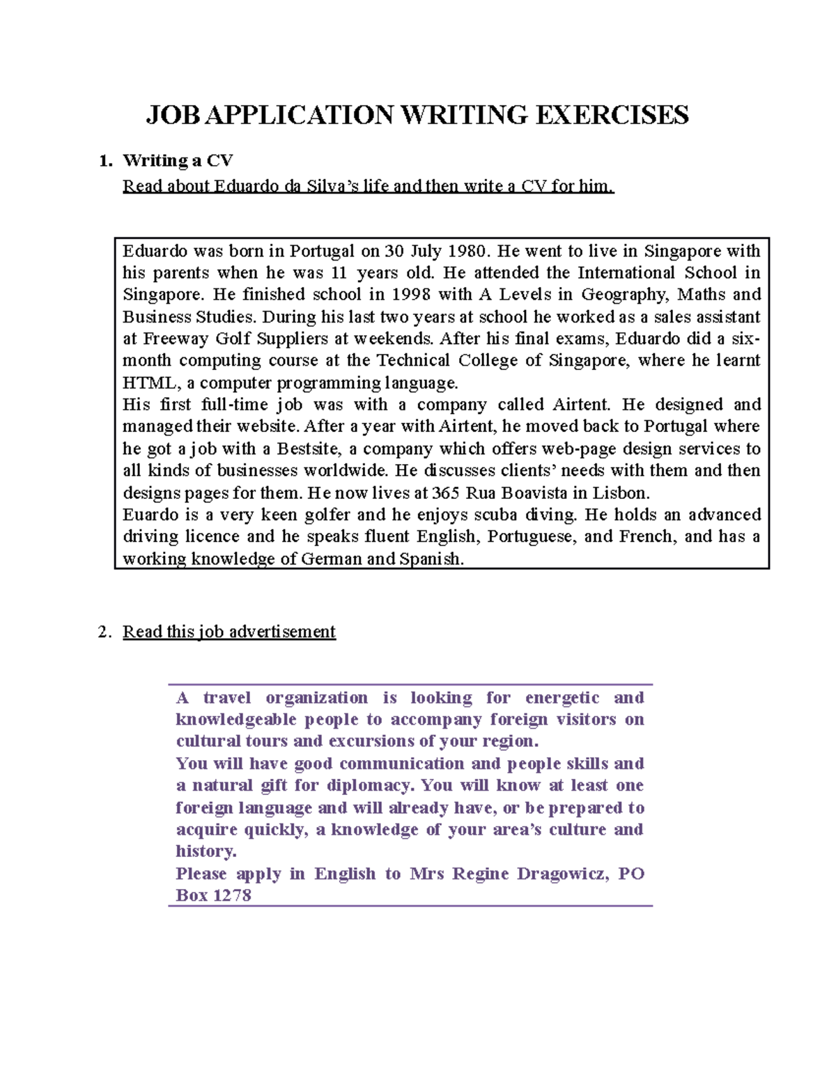 Application Exercises - JOB APPLICATION WRITING EXERCISES Writing a CV ...