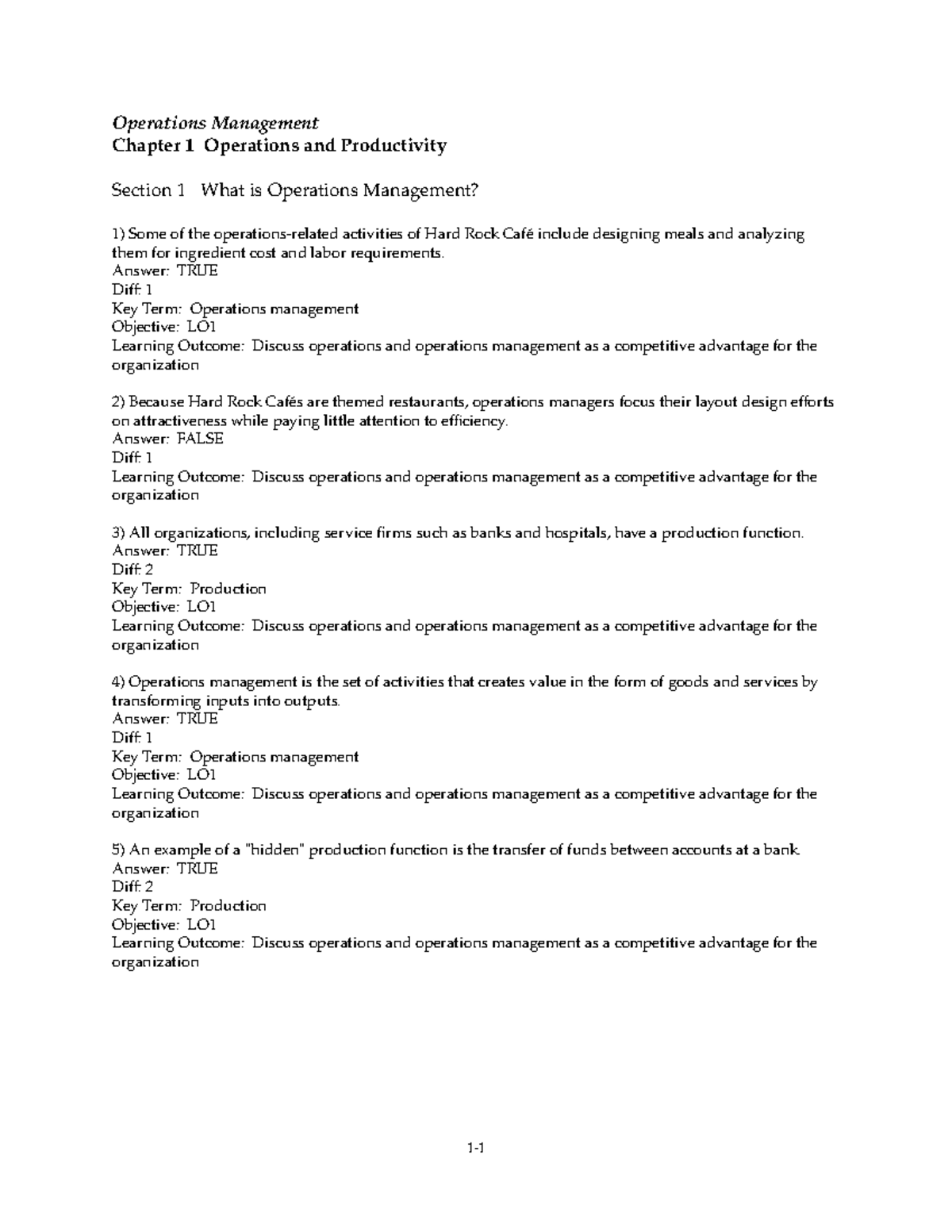 Operations Management Chapter 1 Operatio - Answer: TRUE Diff: 1 Key ...