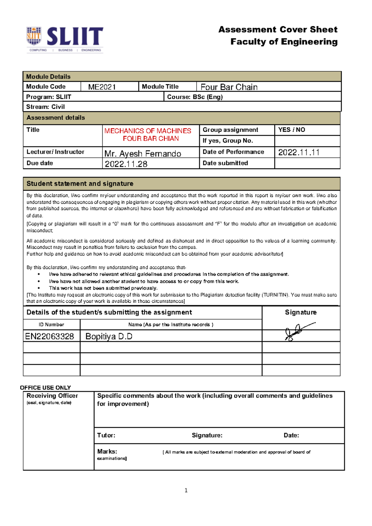 Four-bar-chain Laboratory report - 1 Assessment Cover Sheet Faculty of ...