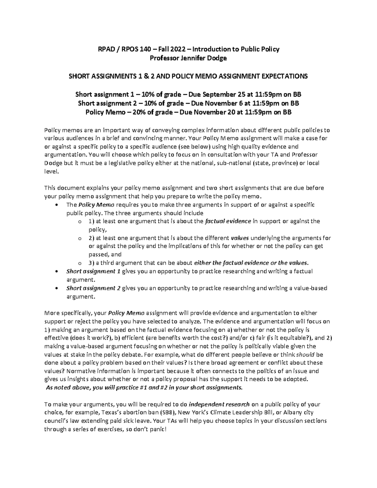 Policy Memo - RPAD / RPOS 140 – Fall 2022 – Introduction to Public ...