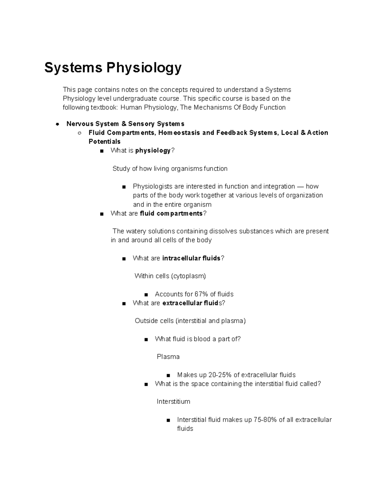 Copy of sys phys notes - Systems Physiology This page contains notes on ...
