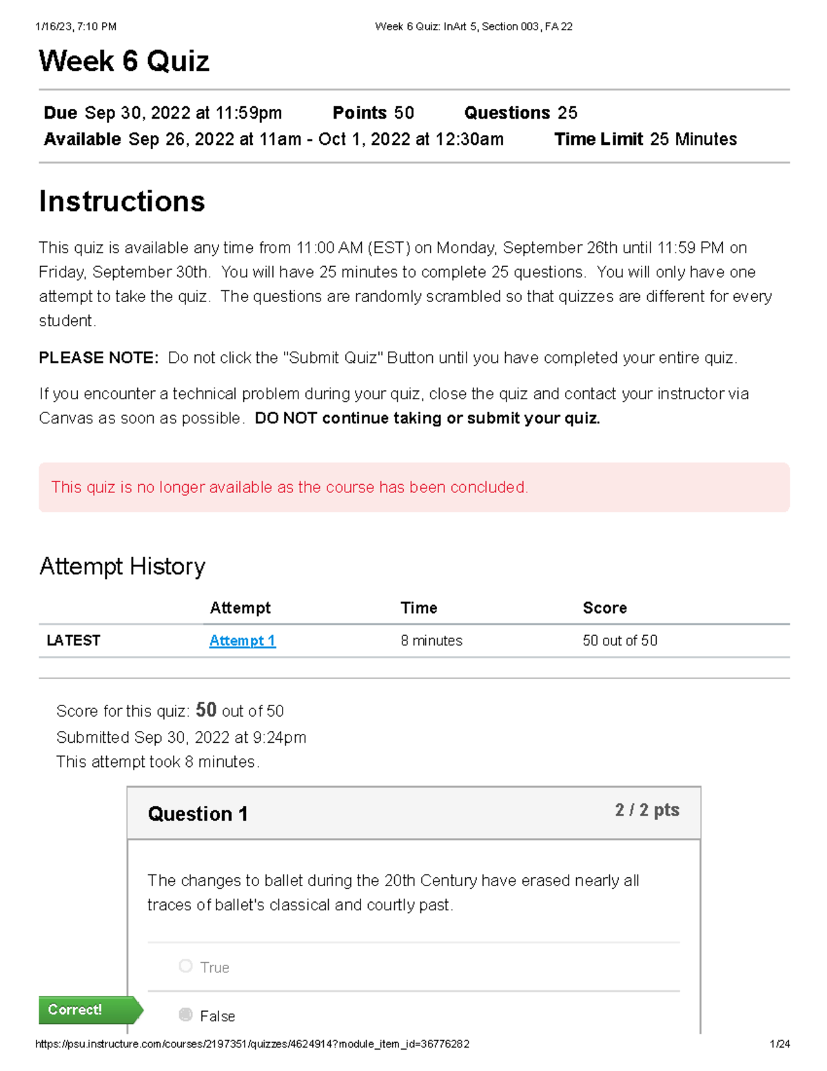 Week 6 Quiz In Art 5, Section 003, FA 22 - Week 6 Quiz Due Sep 30, 2022 at 11:59pm Points 50 ...