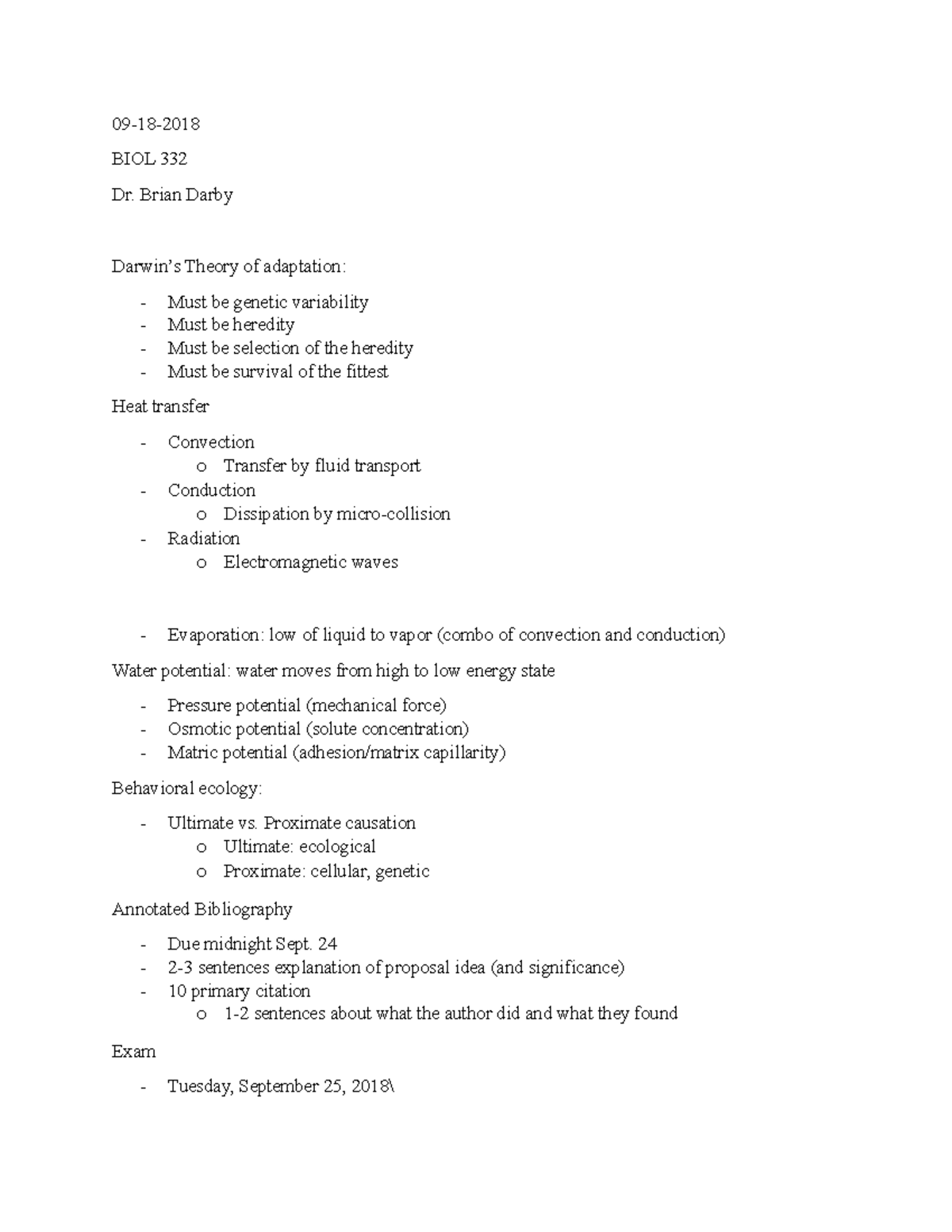 09-18-2018 Notes - Dr. Brian Darby - BIOL 332 Dr. Brian Dar Theory of ...