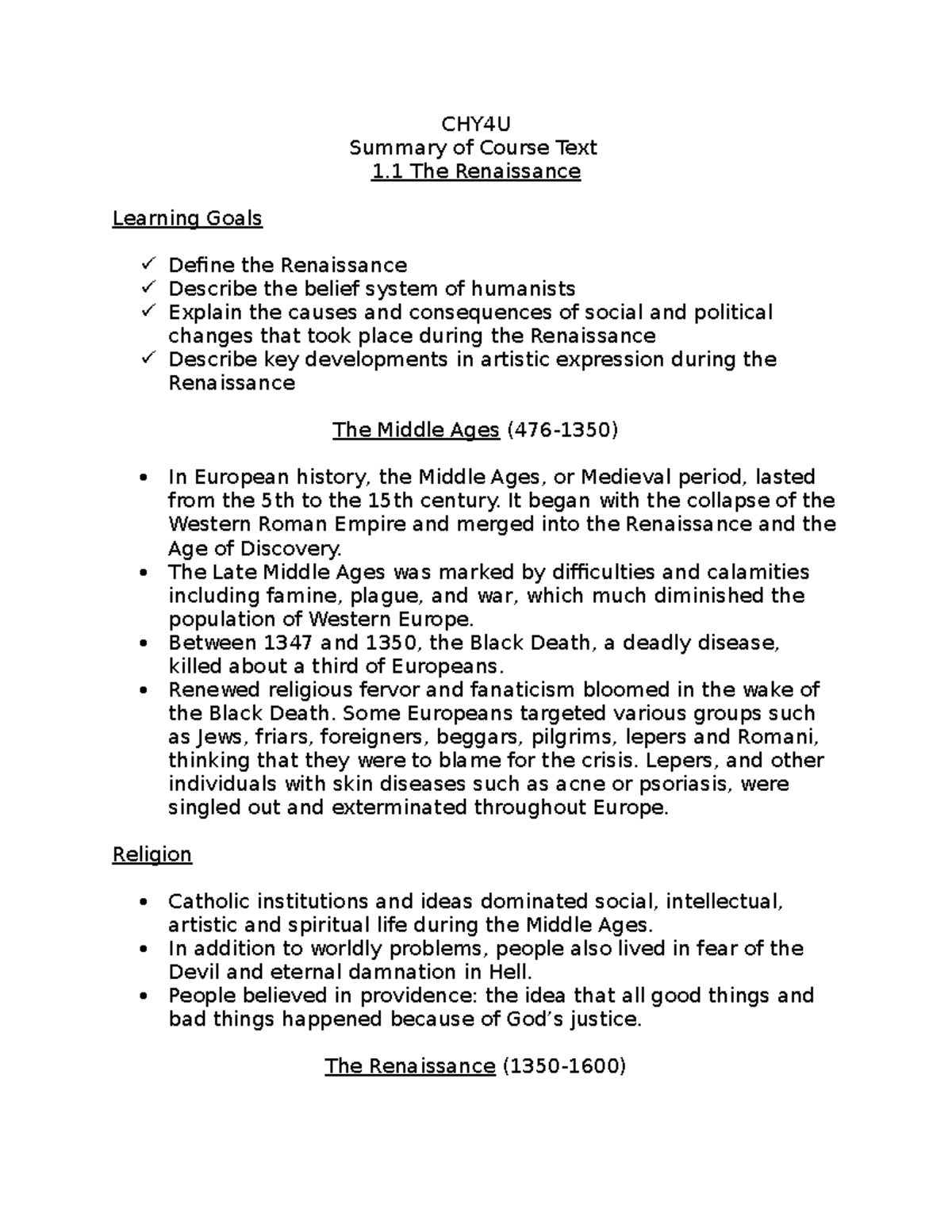 1.1 Renaissance Notes - CHY4U Summary of Course Text 1 The Renaissance ...