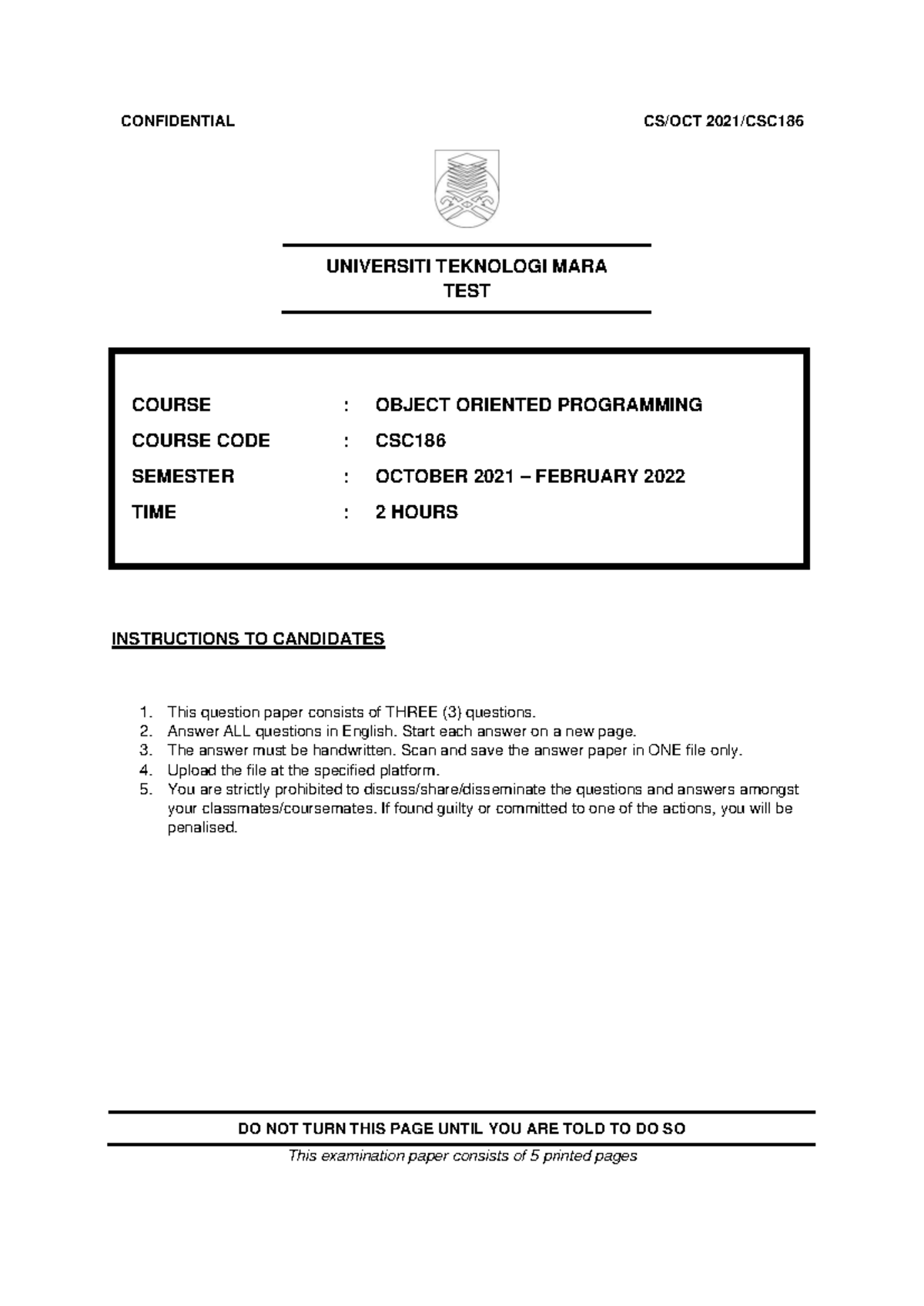 CSC186 TEST - 18 December 2021 - UNIVERSITI TEKNOLOGI MARA TEST COURSE ...