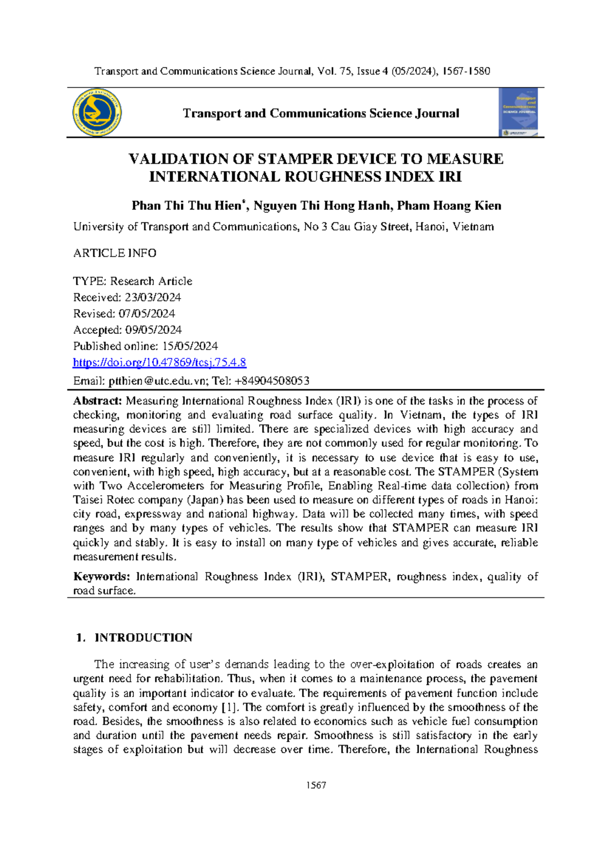 Validation OF Stamper Device TO Measure International Roughness Index ...