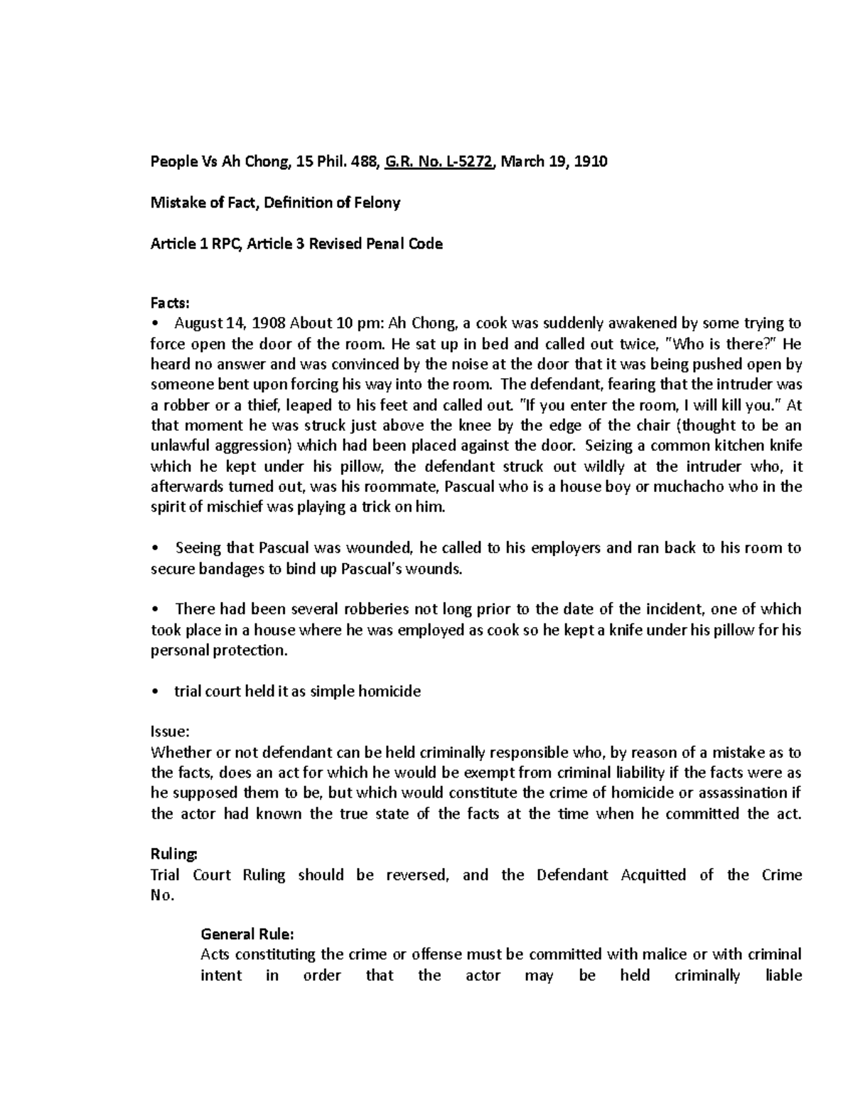 G.R. No. L-5272, March 19, 1910 - People Vs Ah Chong, 15 Phil. 488, G ...