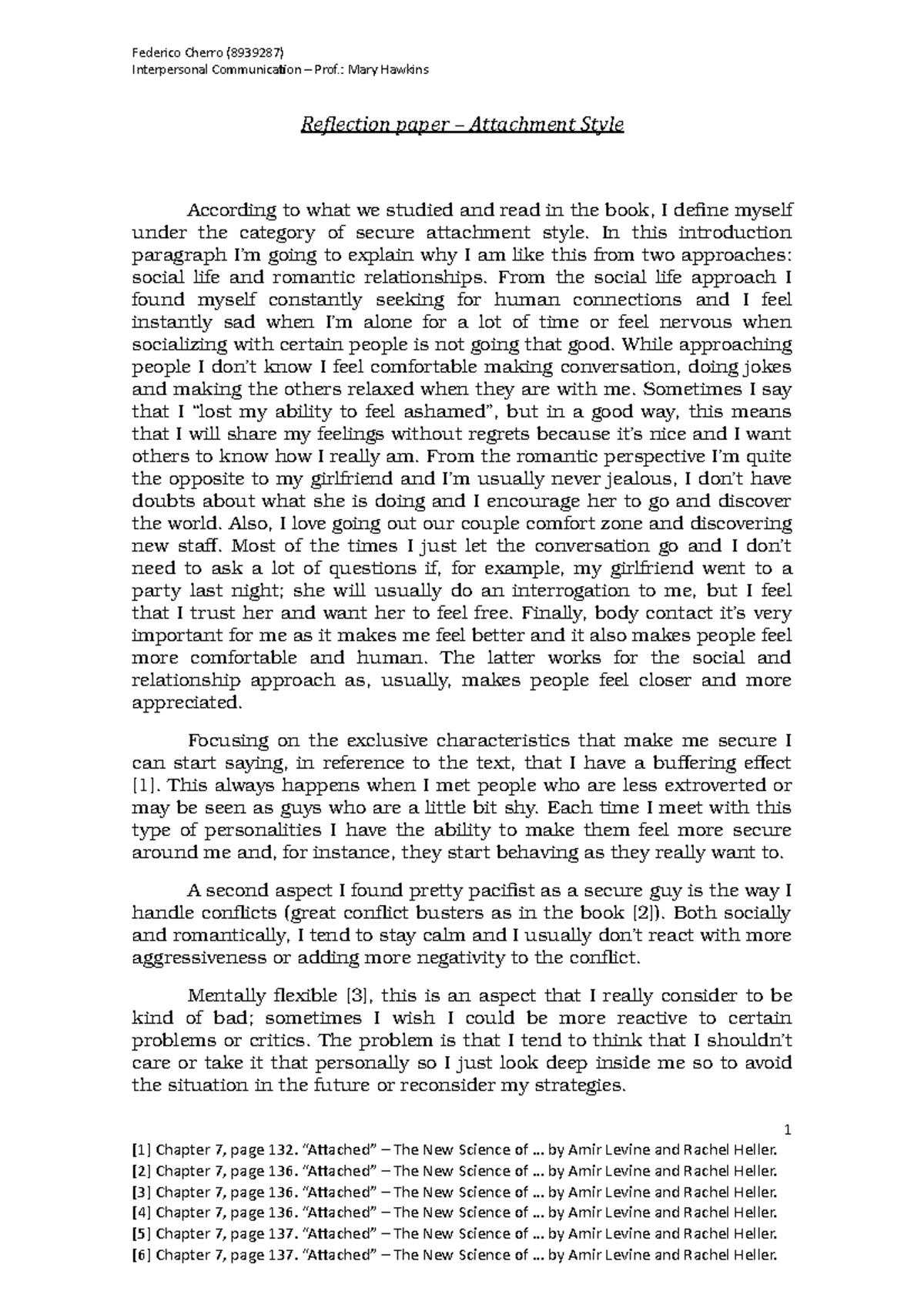 Attachment styles reflection paper - Federico Cherro (8939287 ...