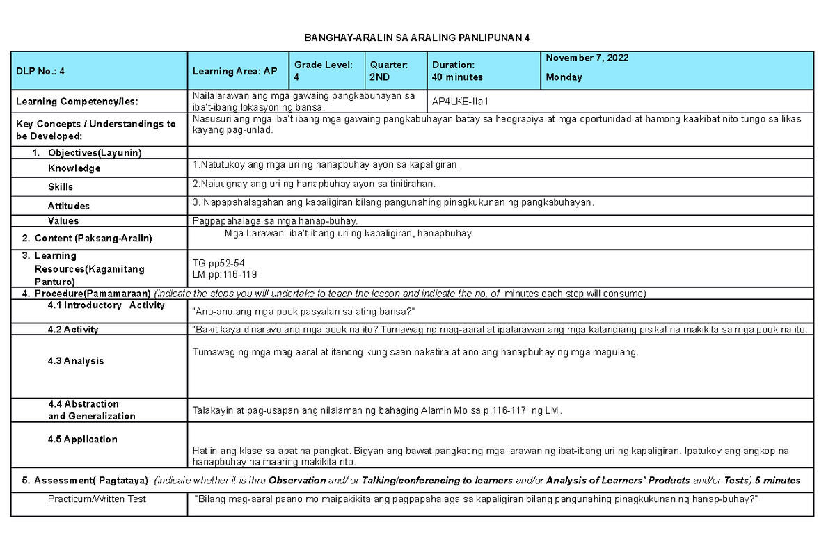 AP Q2 W2 - Detailed Lesson Plan - BANGHAY-ARALIN SA ARALING PANLIPUNAN 4 DLP No.: 4 Learning ...