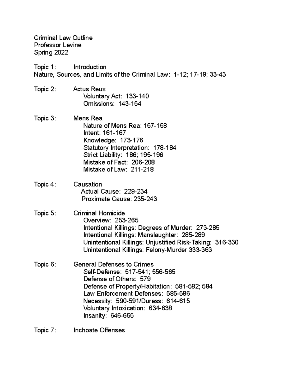 Criminal Law Outline - Criminal Law Outline Professor Levine Spring ...