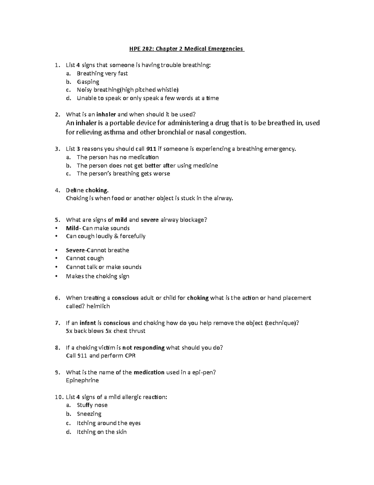 HPE 202 worksheet #2 - work - HPE 202: Chapter 2 Medical Emergencies ...