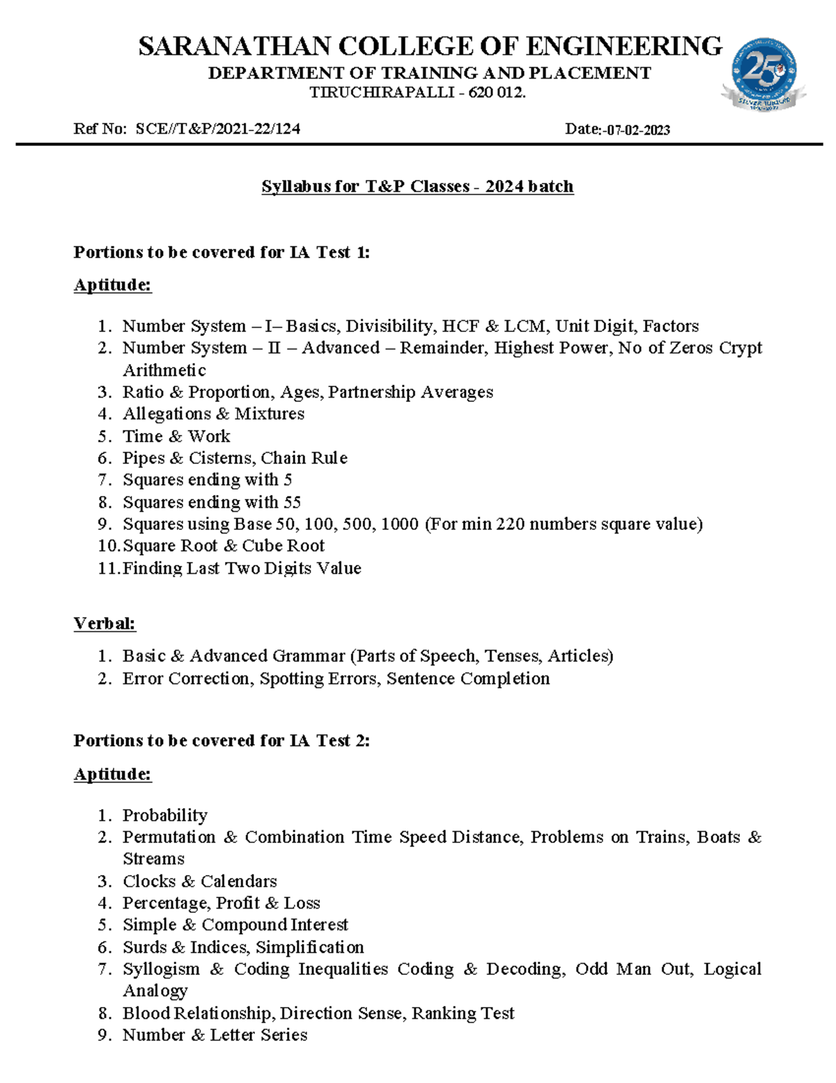 123 - SARANATHAN COLLEGE OF ENGINEERING DEPARTMENT OF TRAINING AND ...