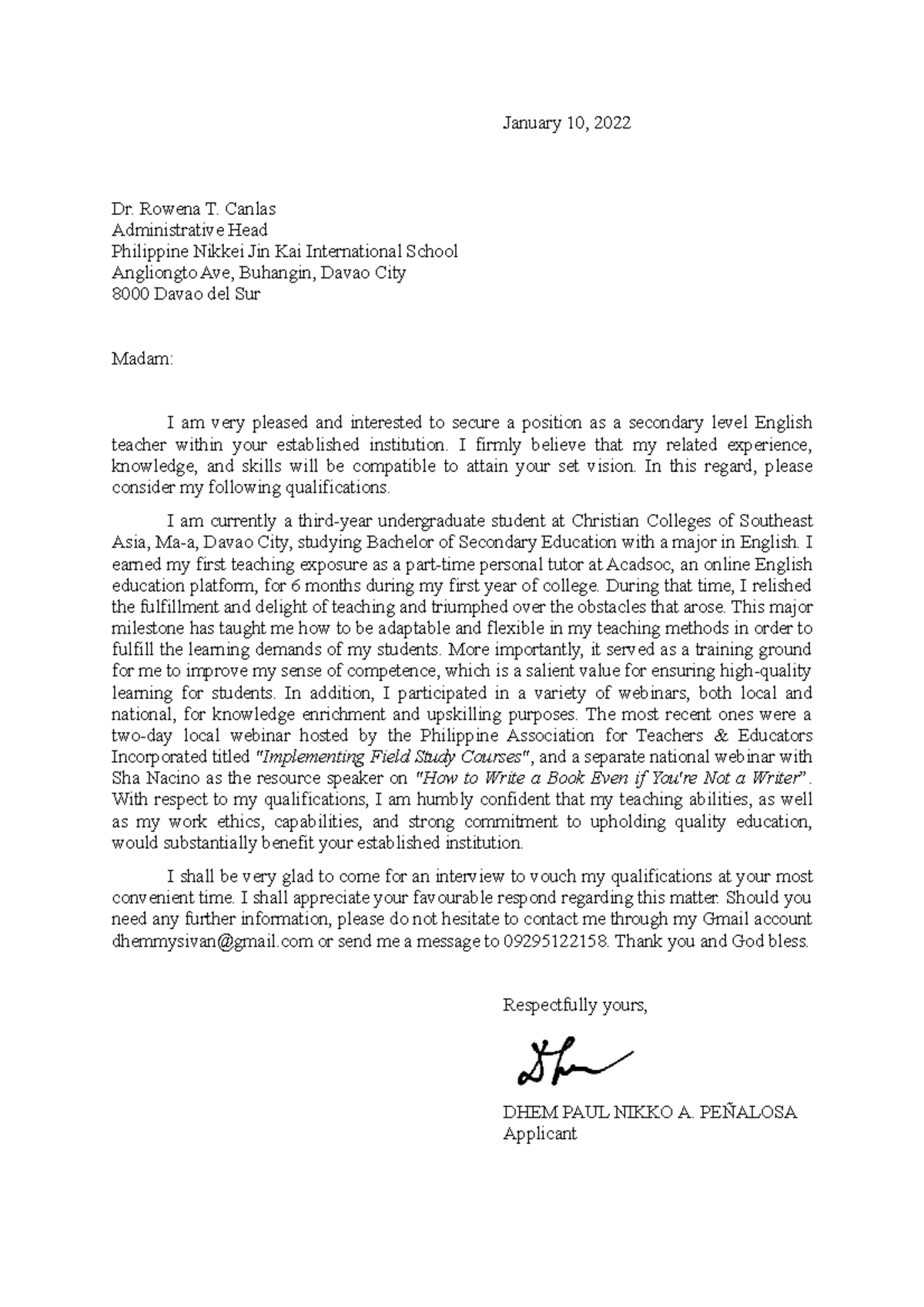 Application Letter Dhem - January 10, 2022 Dr. Rowena T. Canlas ...