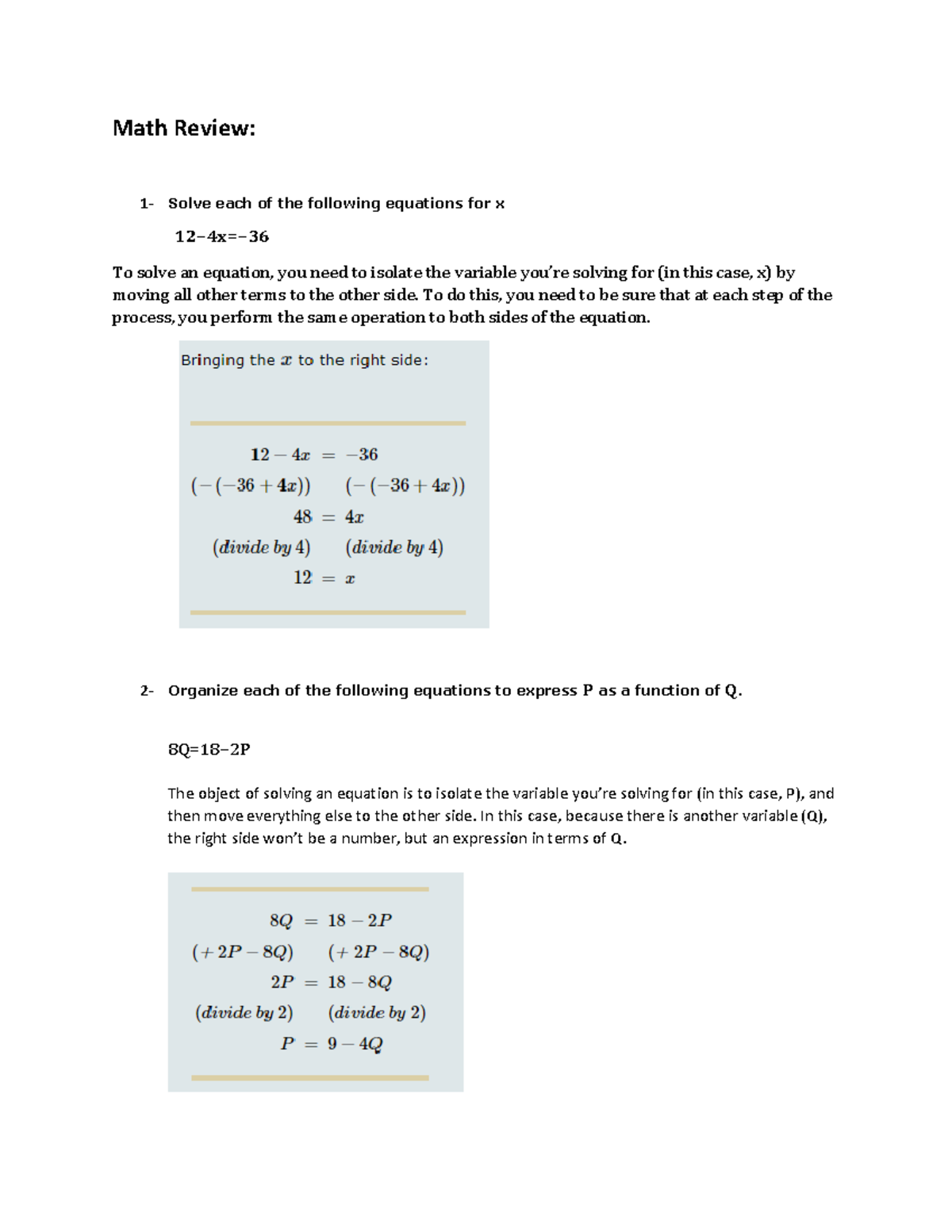 Math Review - lecture notes - Math Review: 1- Solve each of the ...
