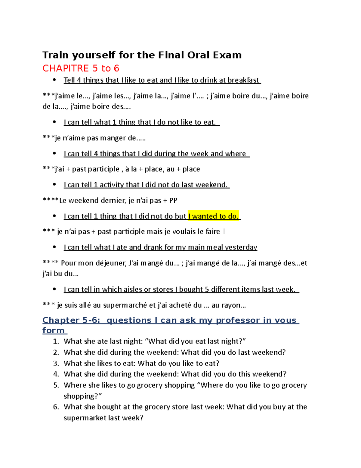 FRE 112 Train yourself for the Final Oral Exam - Train yourself for the Final Oral Exam CHAPITRE ...
