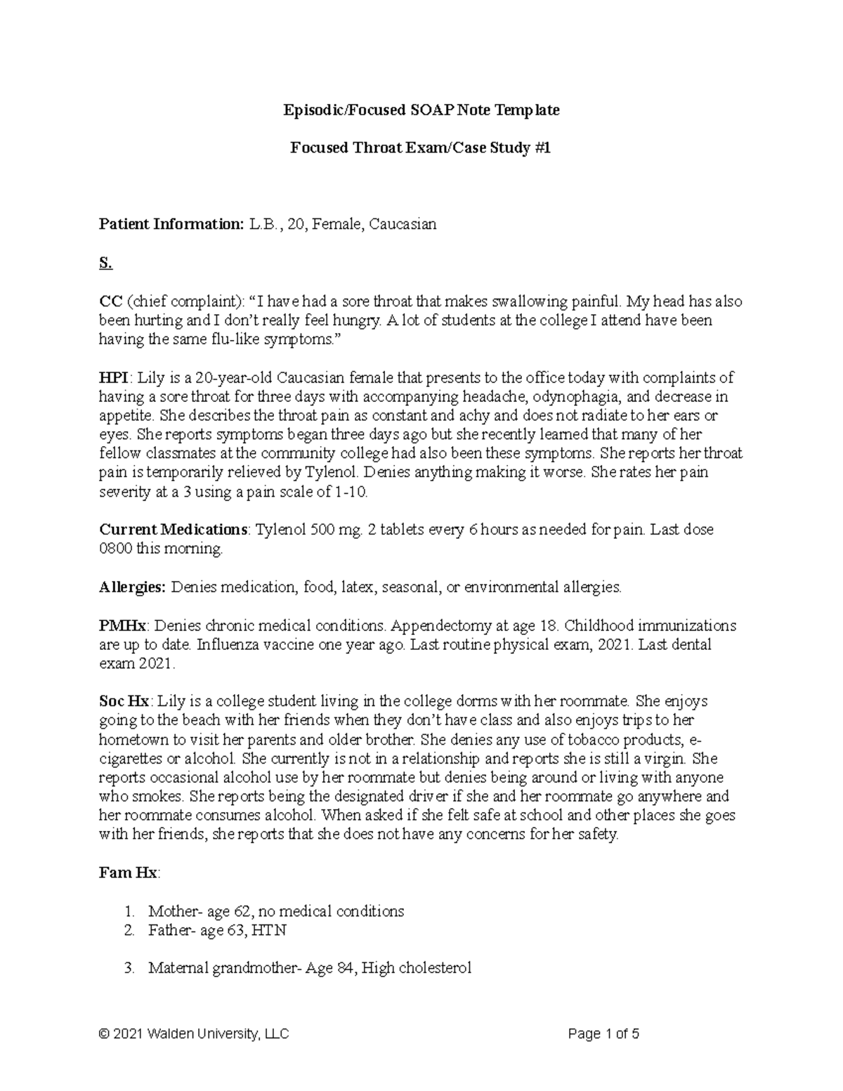 Week 5 Assignment 1 Advanced Health Assessment - Episodic/Focused SOAP ...