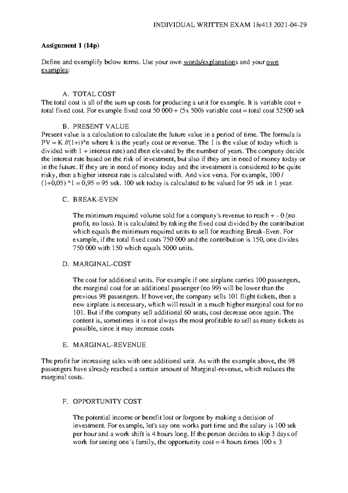 Individual Written EXAM 1fe413 210429 - 1FE417 - Studocu