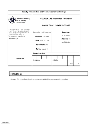 Sample Exam Paper and Memo - Faculty of Information and Communication Technology I declare that ...