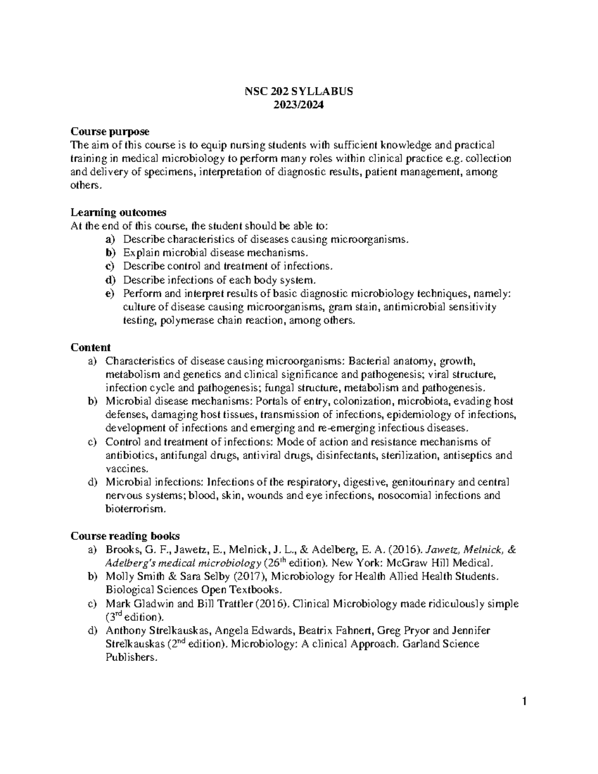 Bsc N NSC 202 Syllabus 2023-2024 - 1 NSC 202 SYLLABUS 2023/ Course ...