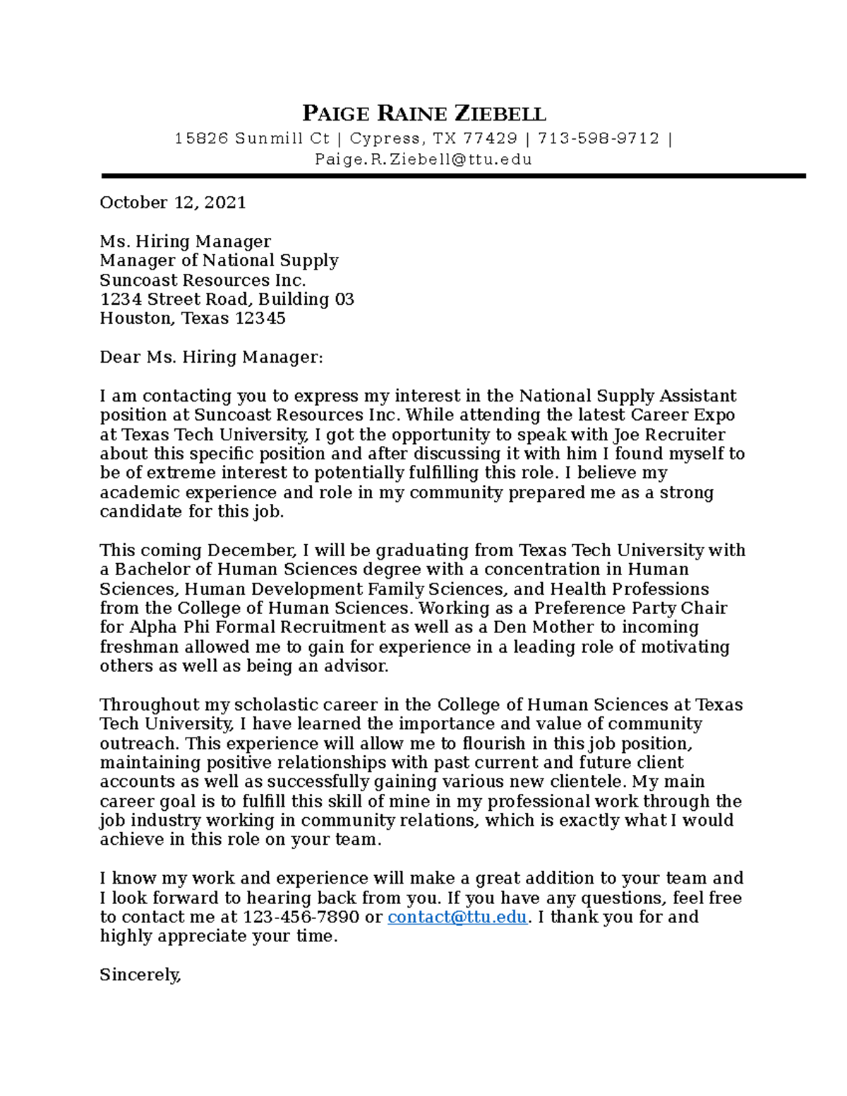 Cover Letter Assignment - PAIGE RAINE ZIEBELL 15826 Sunmill Ct ...
