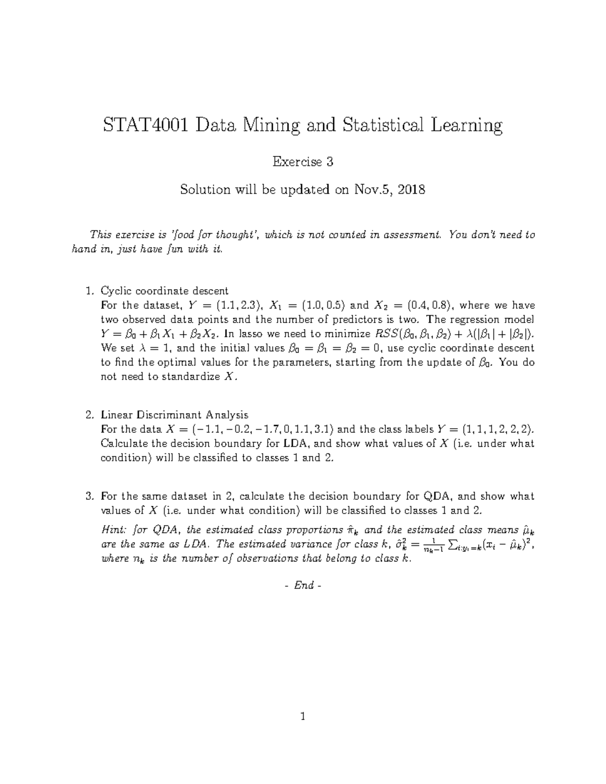Exercise 3 - STAT4001 Data Mining and Statistical Learning Exercise 3 Solution will be updated ...
