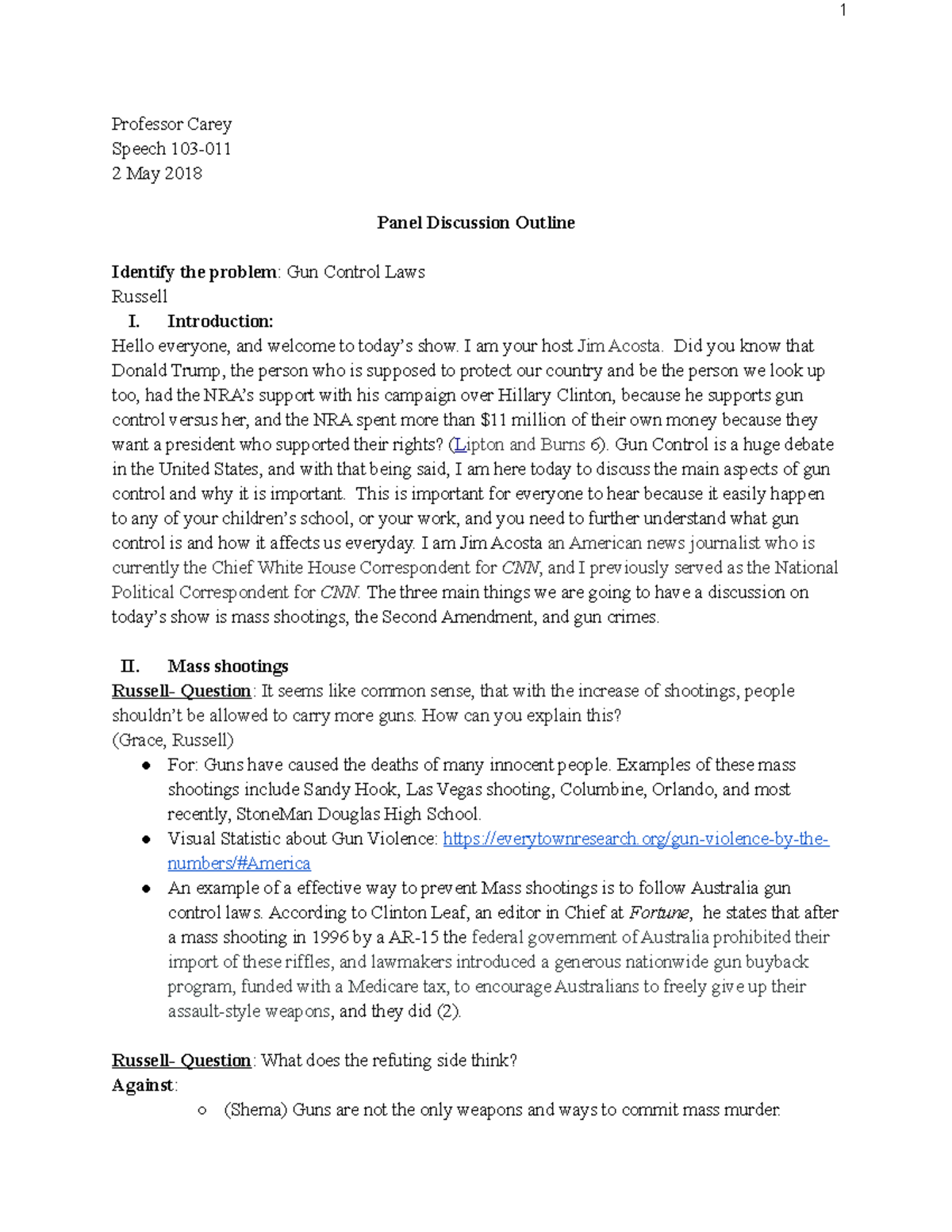 Outline for Panel Discussion: Grade A - 1 Professor Carey Speech 103 ...