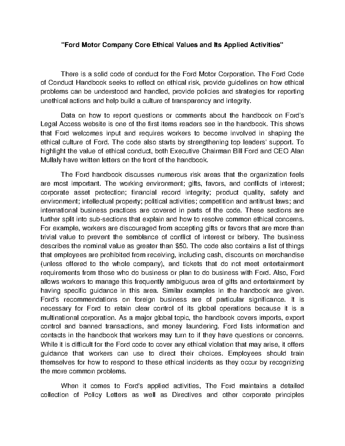 Ford review - "Ford Motor Company Core Ethical Values and Its Applied ...