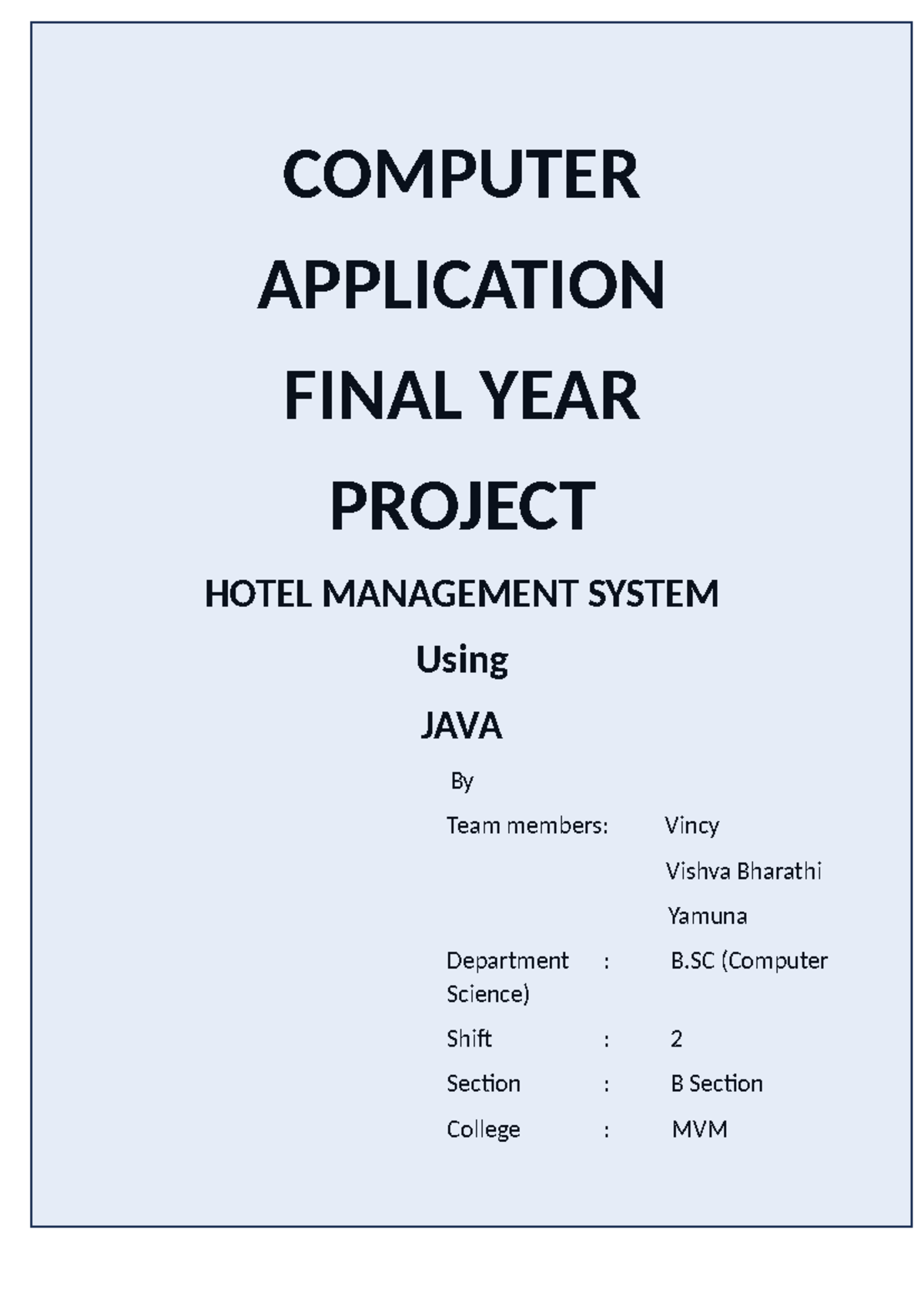 Hotel Management System - Abstract - COMPUTER APPLICATION FINAL YEAR PROJECT HOTEL MANAGEMENT ...
