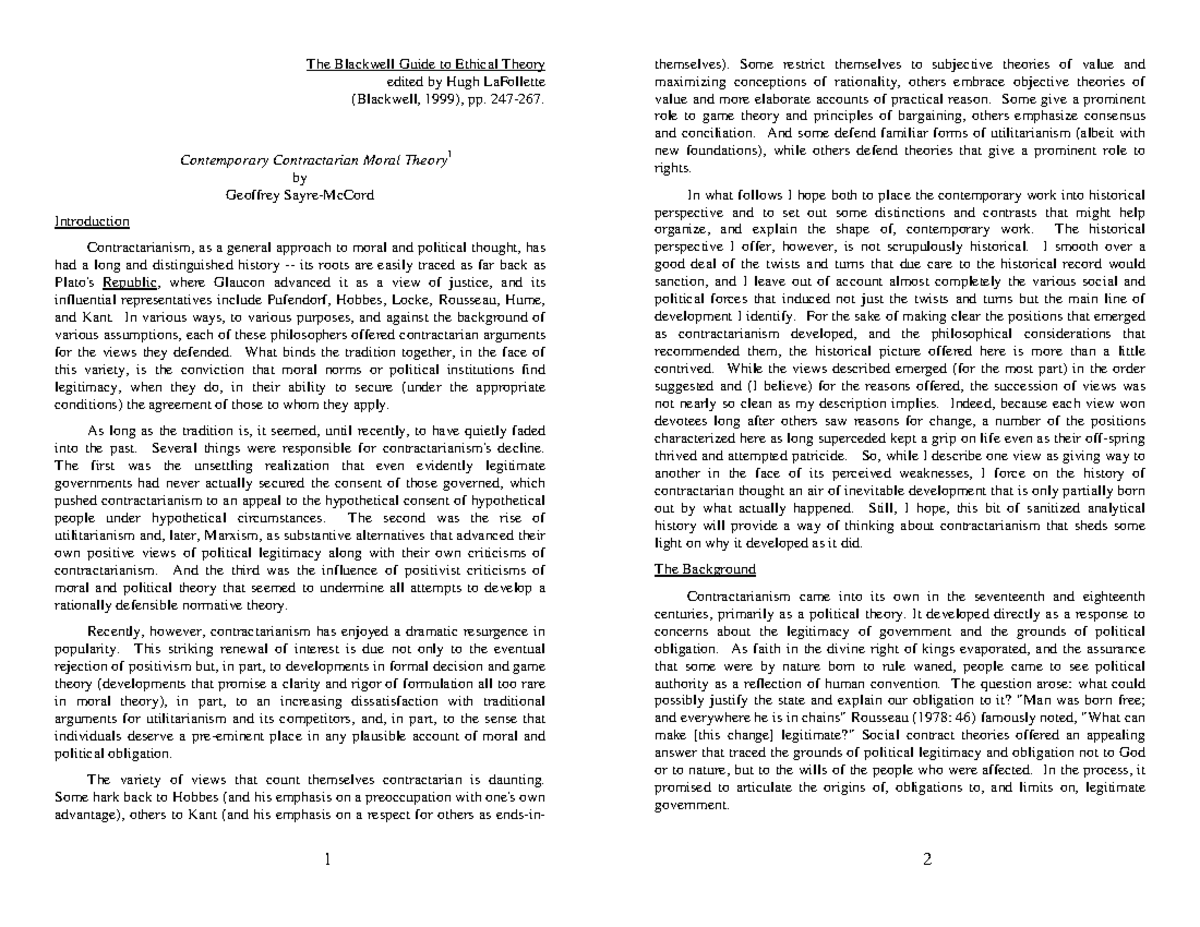 Contractarianism - Social contract theory - 1 The Blackwell Guide to ...