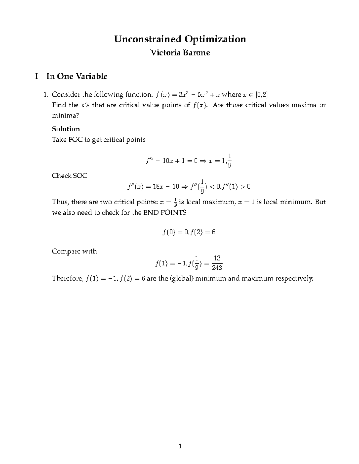 5 - math review - Unconstrained Optimization Victoria Barone I In One Variable Consider the ...