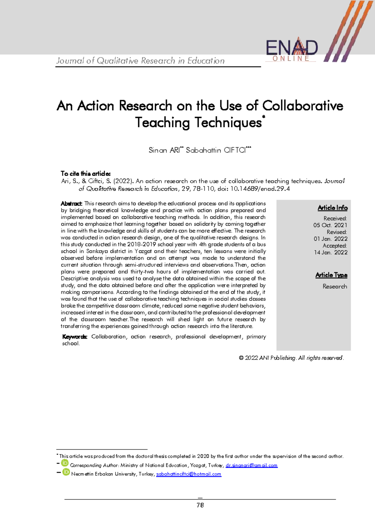 An Action Research on the Use of Collaborative Teaching Techniques ...