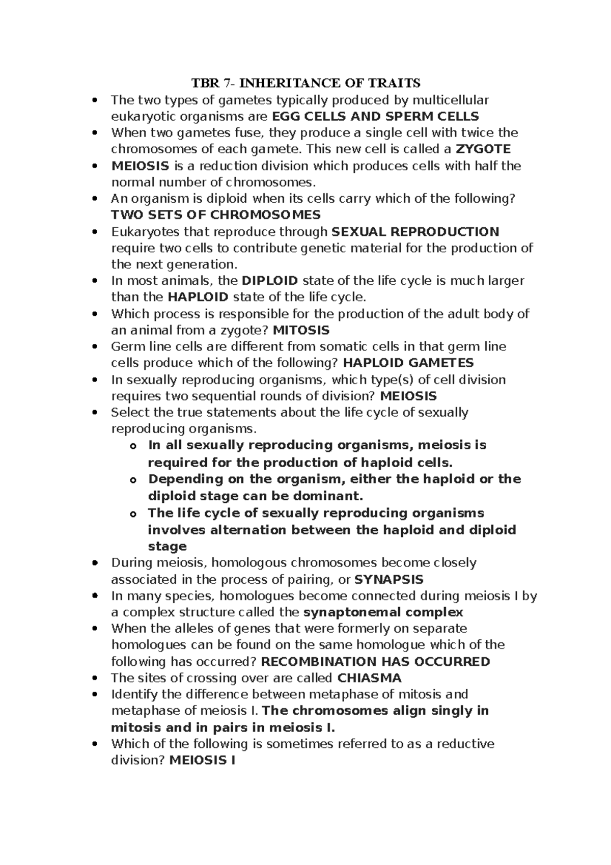 TBR 7 - TBR - TBR 7- INHERITANCE OF TRAITS The two types of gametes ...