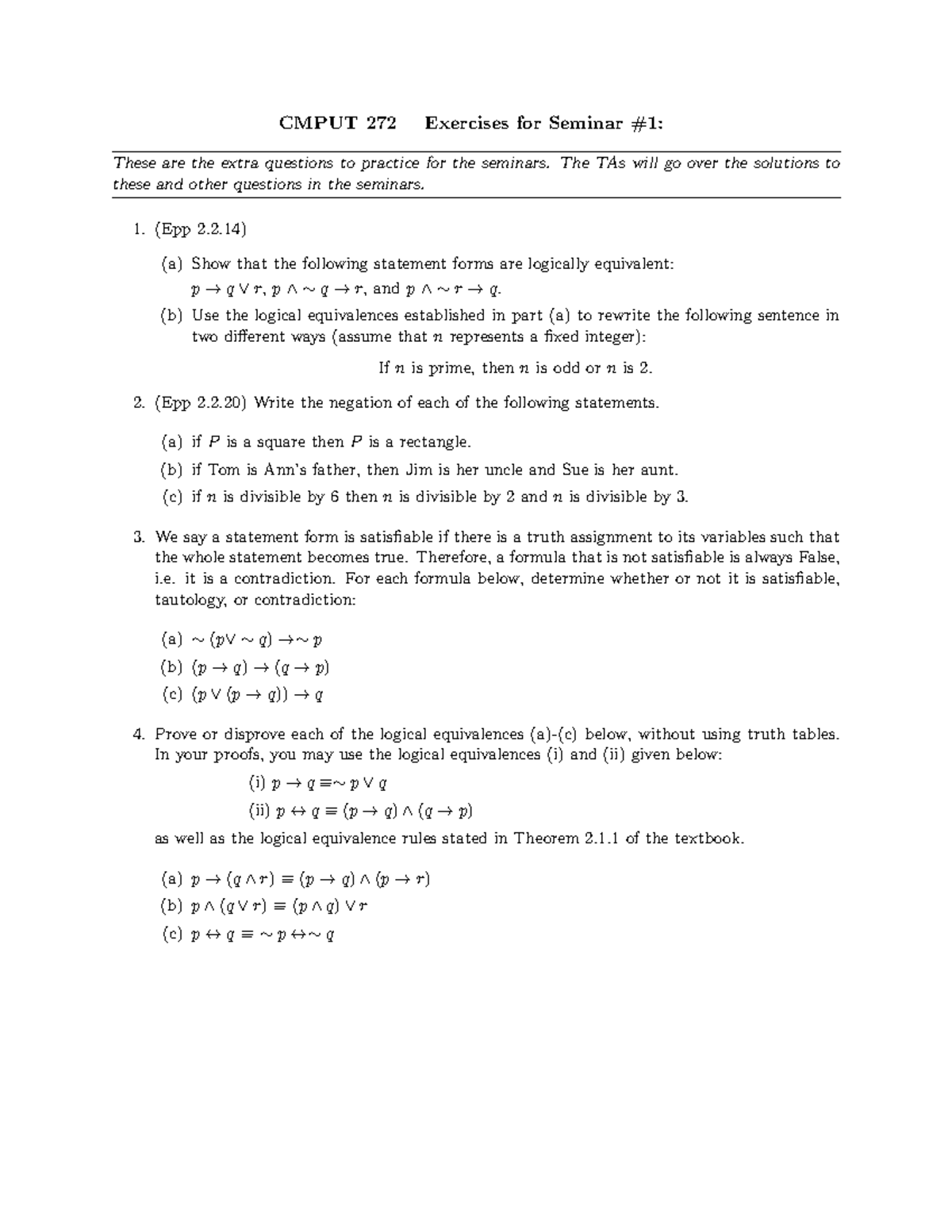 Seminar 1 extra practice questions - CMPUT 272 Exercises for Seminar #1: These are the extra ...