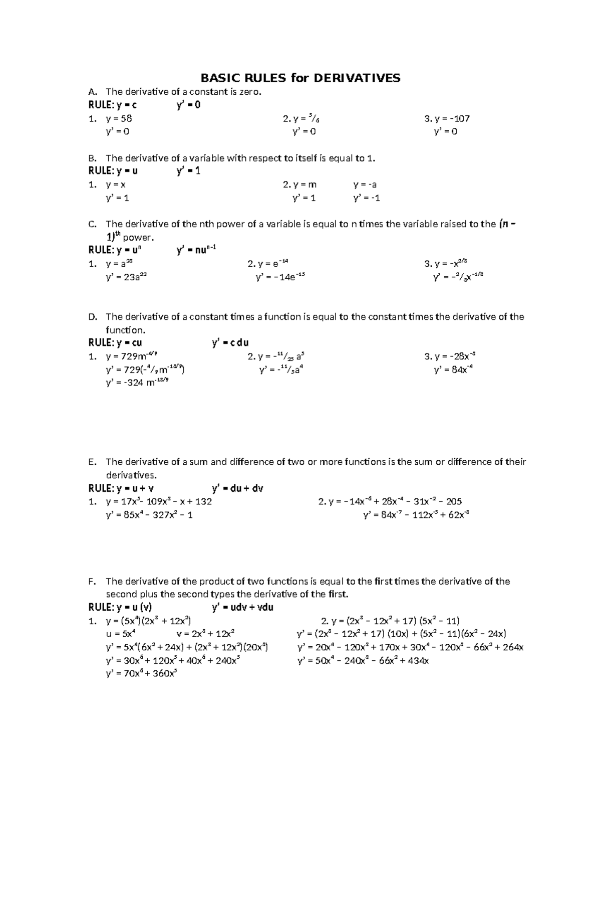 Basic Rules for Derivatives - BASIC RULES for DERIVATIVES A. The derivative of a constant is ...