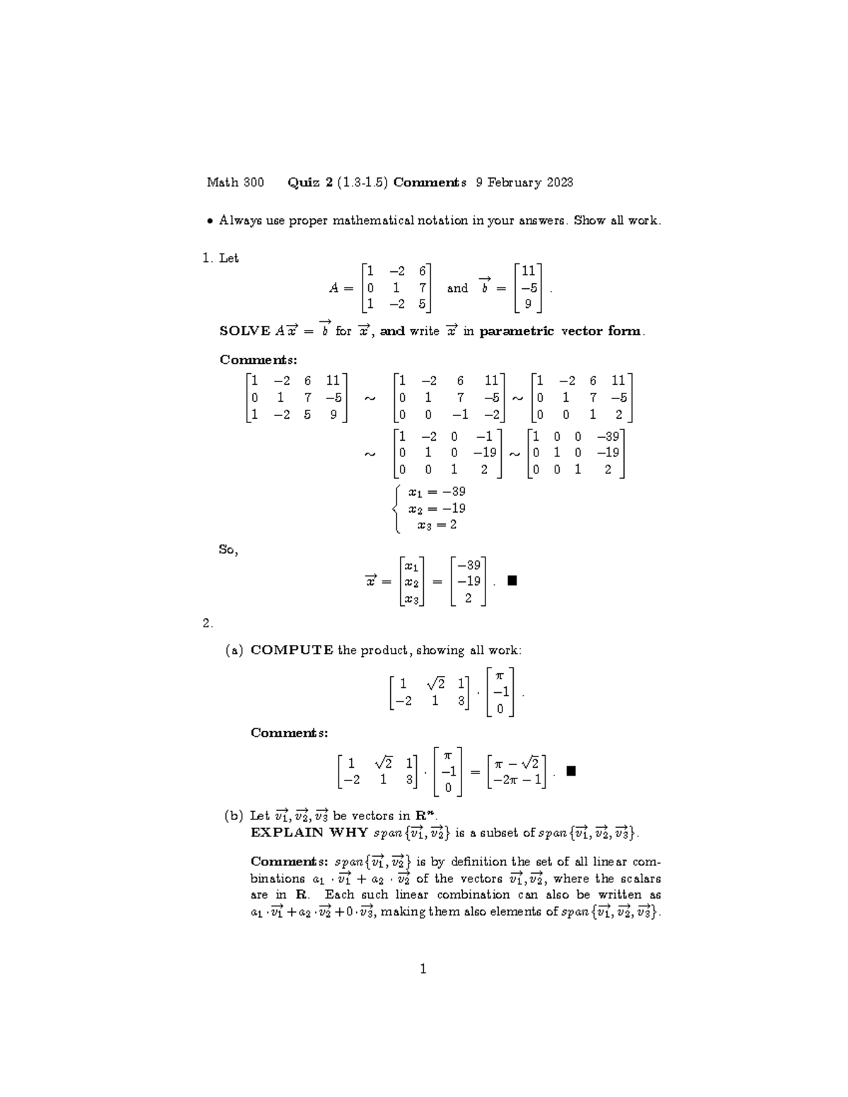 Math300Quiz2Spring 2023Comments - Math 300 Quiz 2 (1.3-1) Comments 9 ...