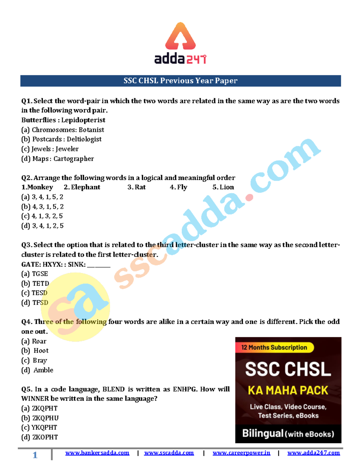 Ssc chsl previous year paper 1 july 2019 - SSC CHSL Previous Year Paper ...