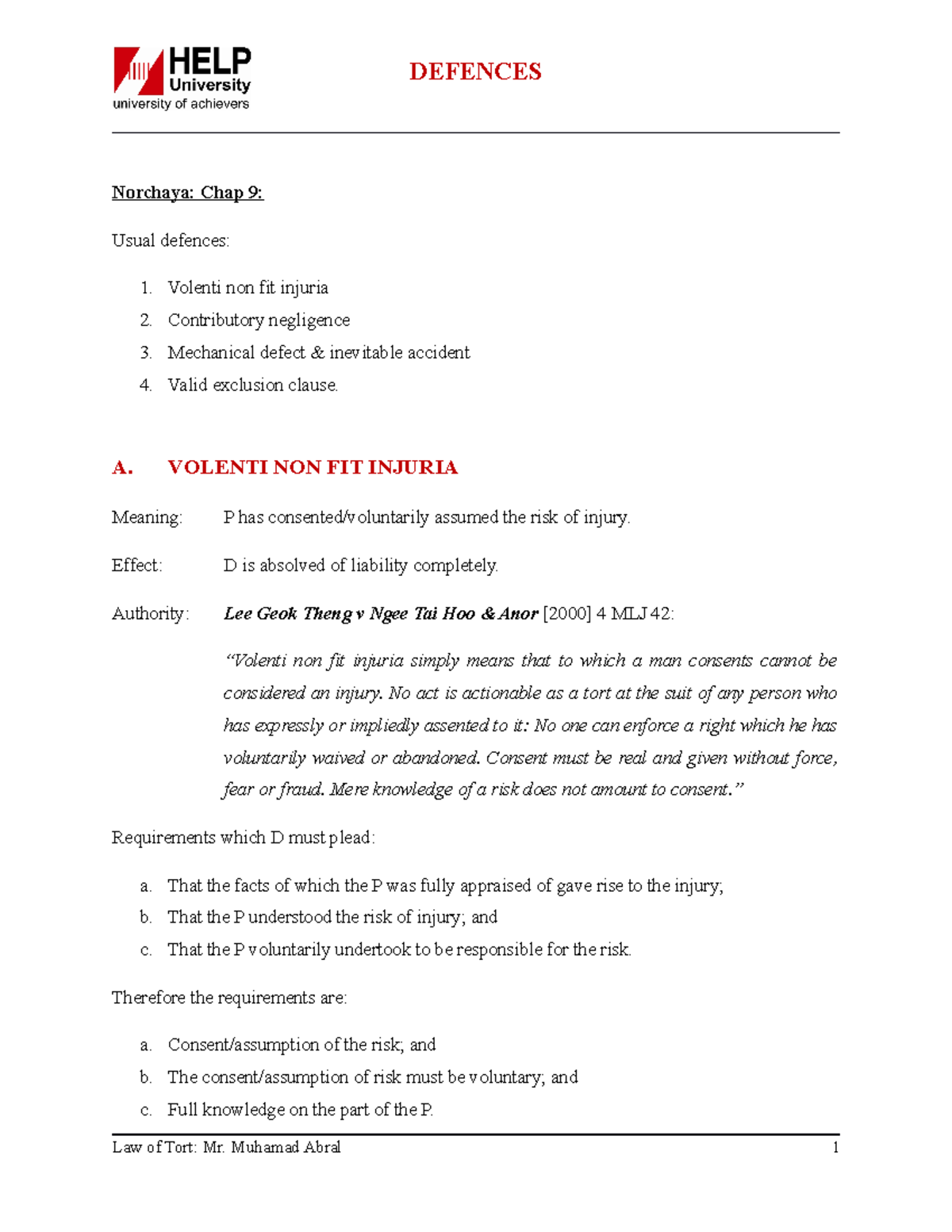9. General Specific Defences - Norchaya: Chap 9: Usual defences ...