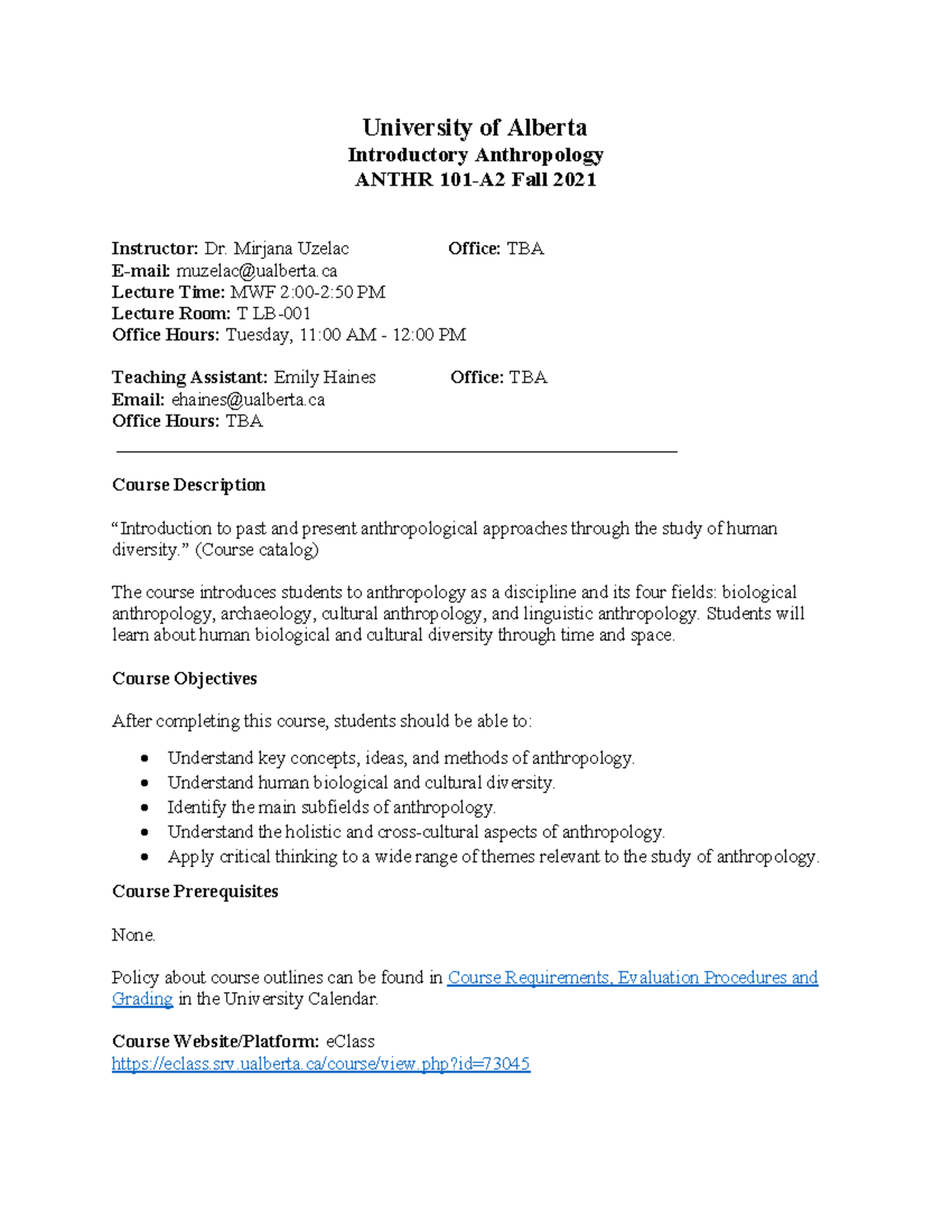 Anthro 101 Syllabus University Of Alberta Introductory Anthropology