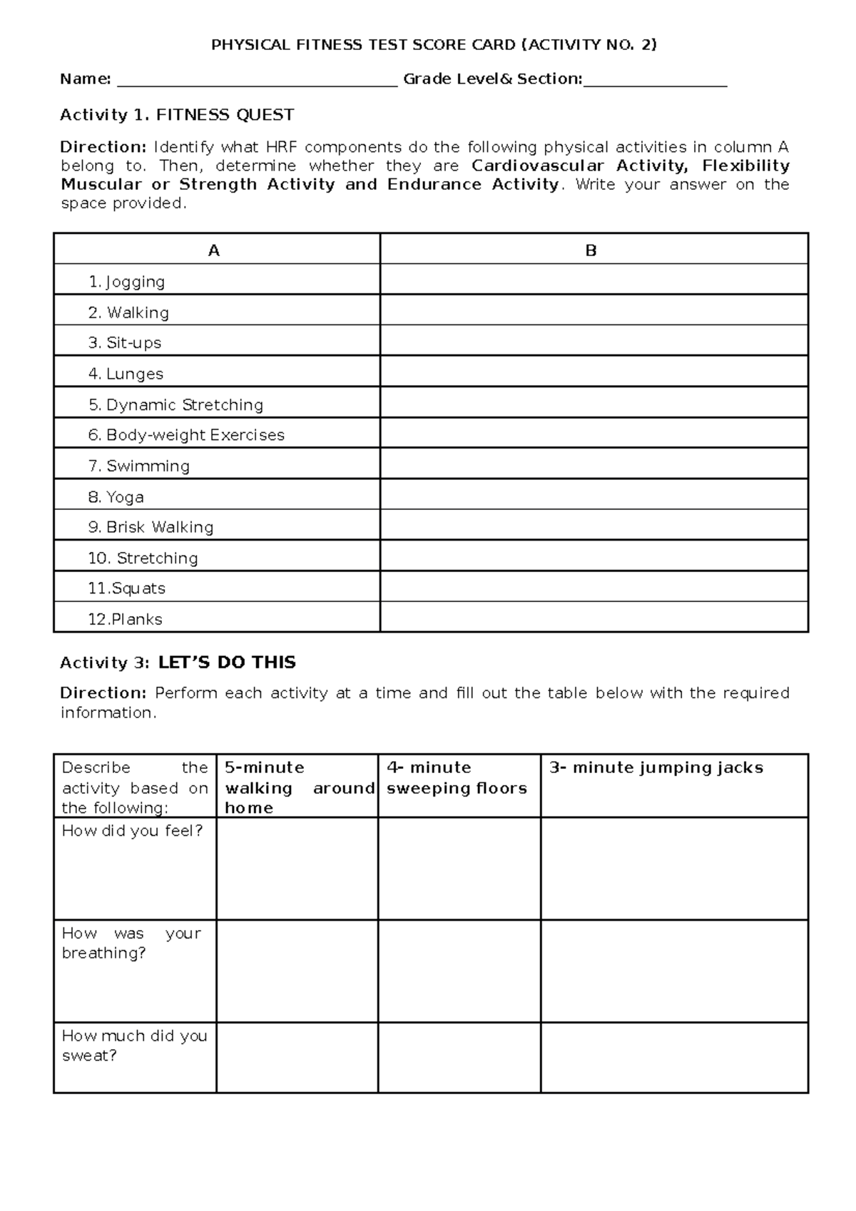 PE MOD 2 Activity - sgsdgs - PHYSICAL FITNESS TEST SCORE CARD (ACTIVITY ...