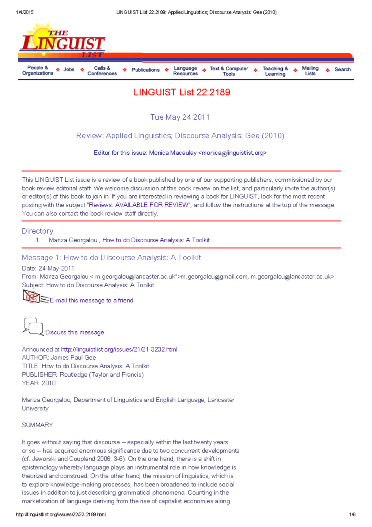 James Paul Gee How to do Discourse Analysis - LINGUIST List 22: Applied ...