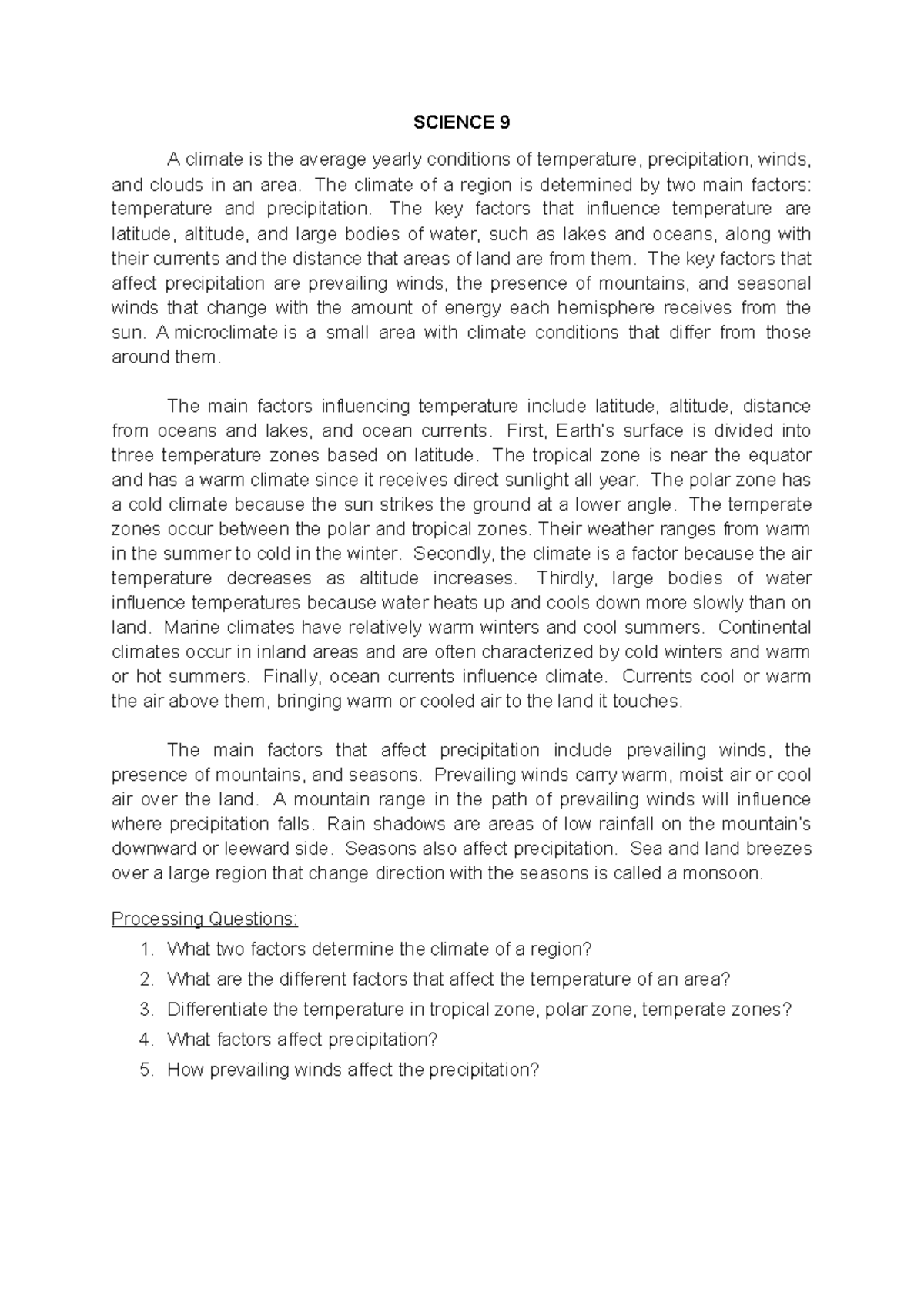 Science 9 Reading Material Mach 1 - SCIENCE 9 A climate is the average ...