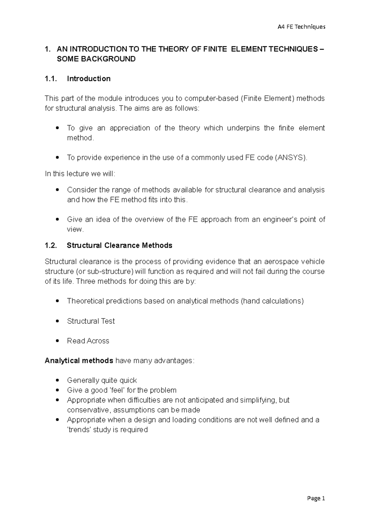 Finite Element Techniques Lecture 1 A4 Fe Techniques 1 An Introduction To The Theory Of