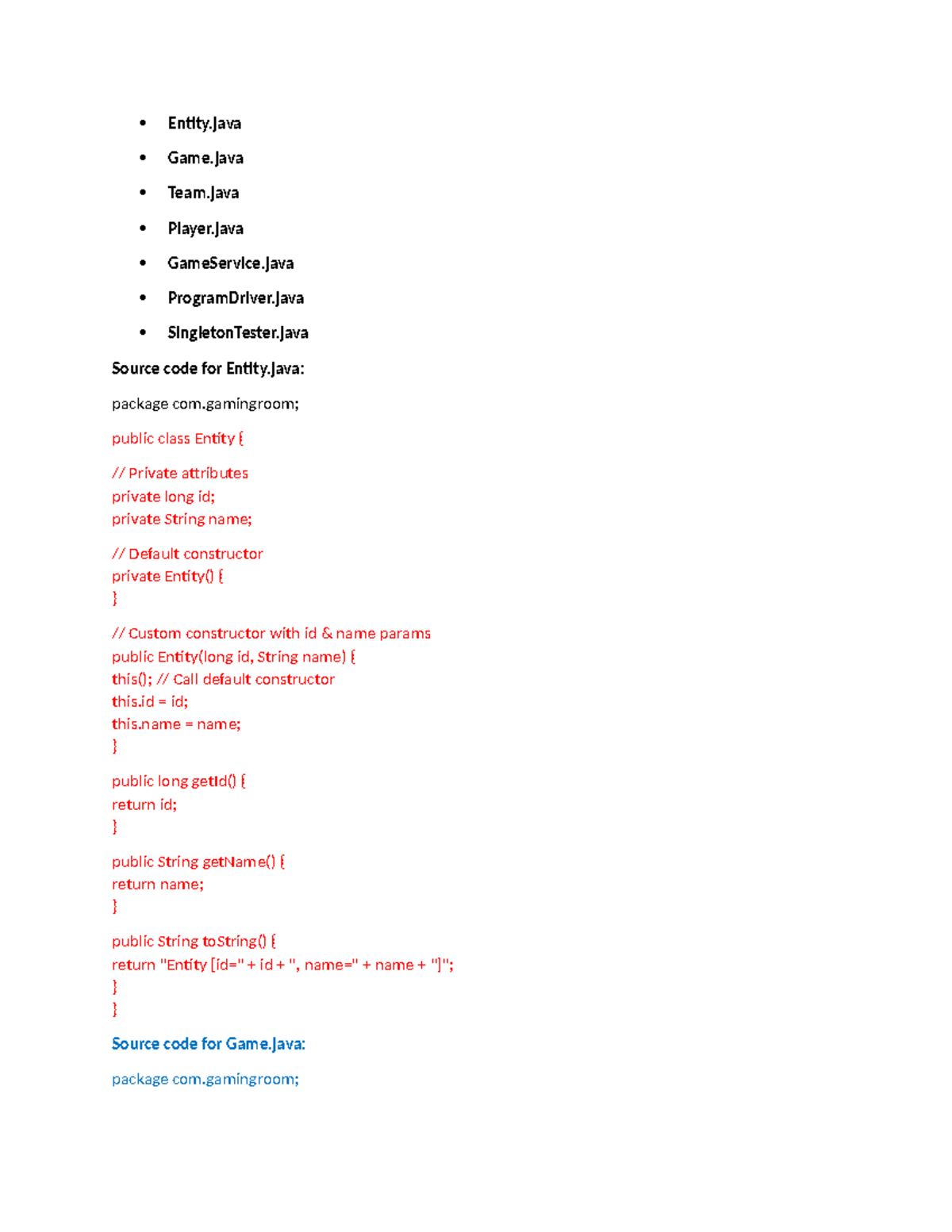 Project one code - Entity Game Team Player GameService ProgramDriver ...