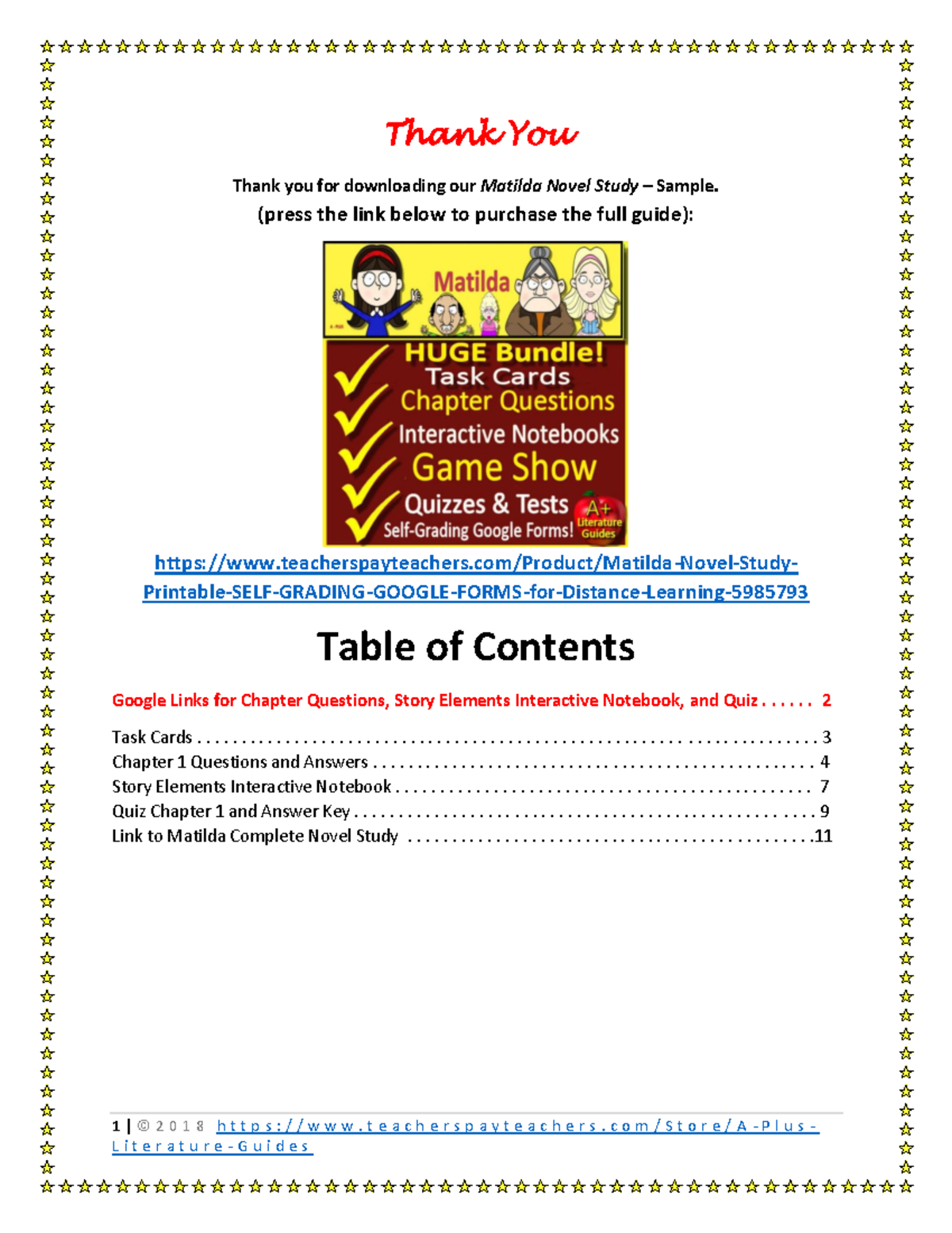 Matilda Novel Study Free Sample-1 - 1 | © 2 0 1 8 h t t p s : / / w w w ...