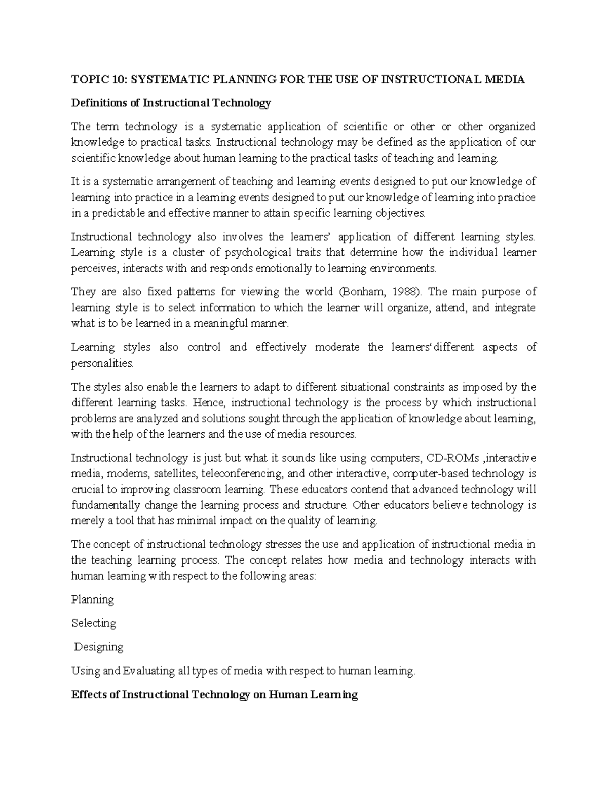 Topic 10 - peer teachings - TOPIC 10: SYSTEMATIC PLANNING FOR THE USE ...