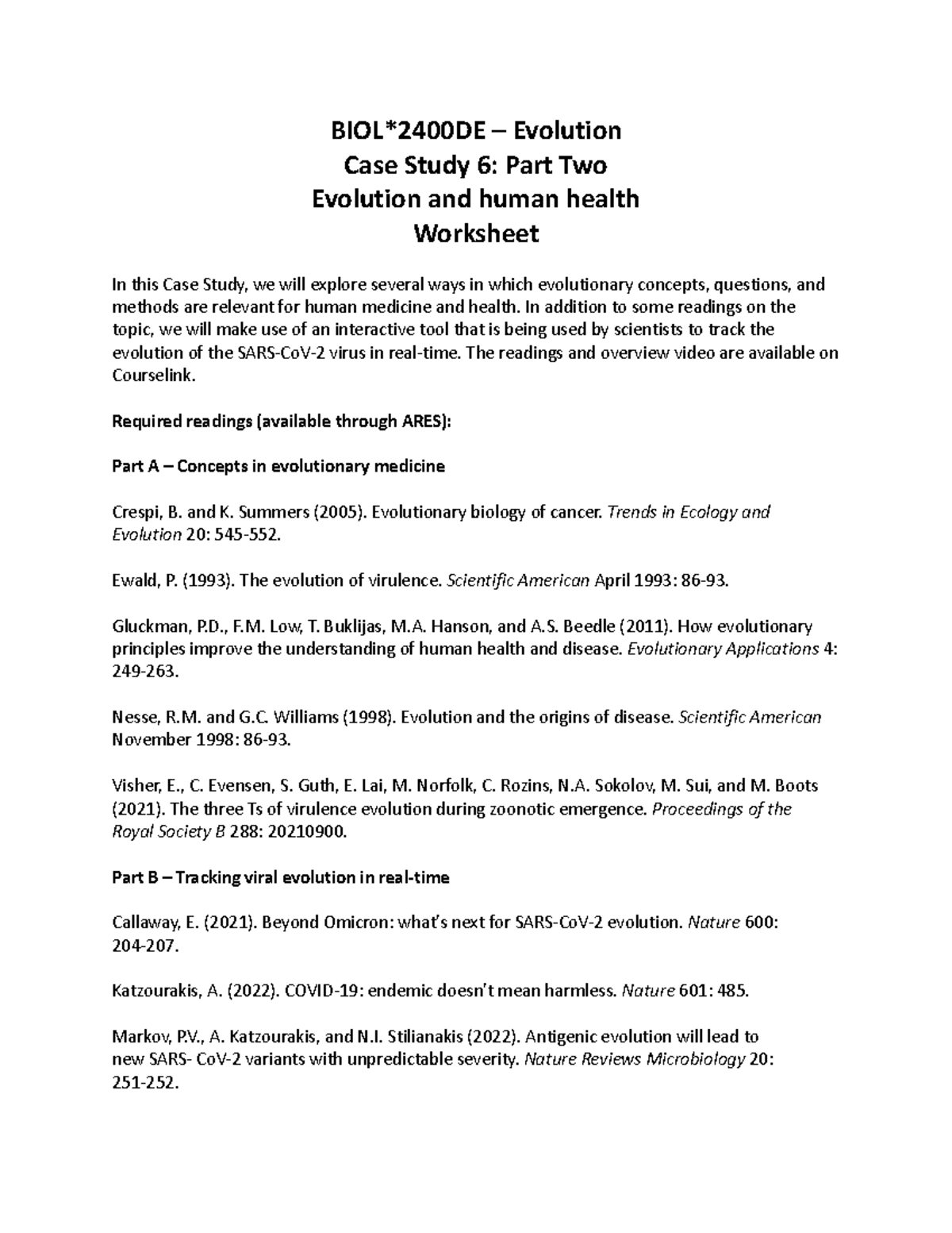 Case Study 6 Part Two worksheet - BIOL*2400DE – Evolution Case Study 6 ...