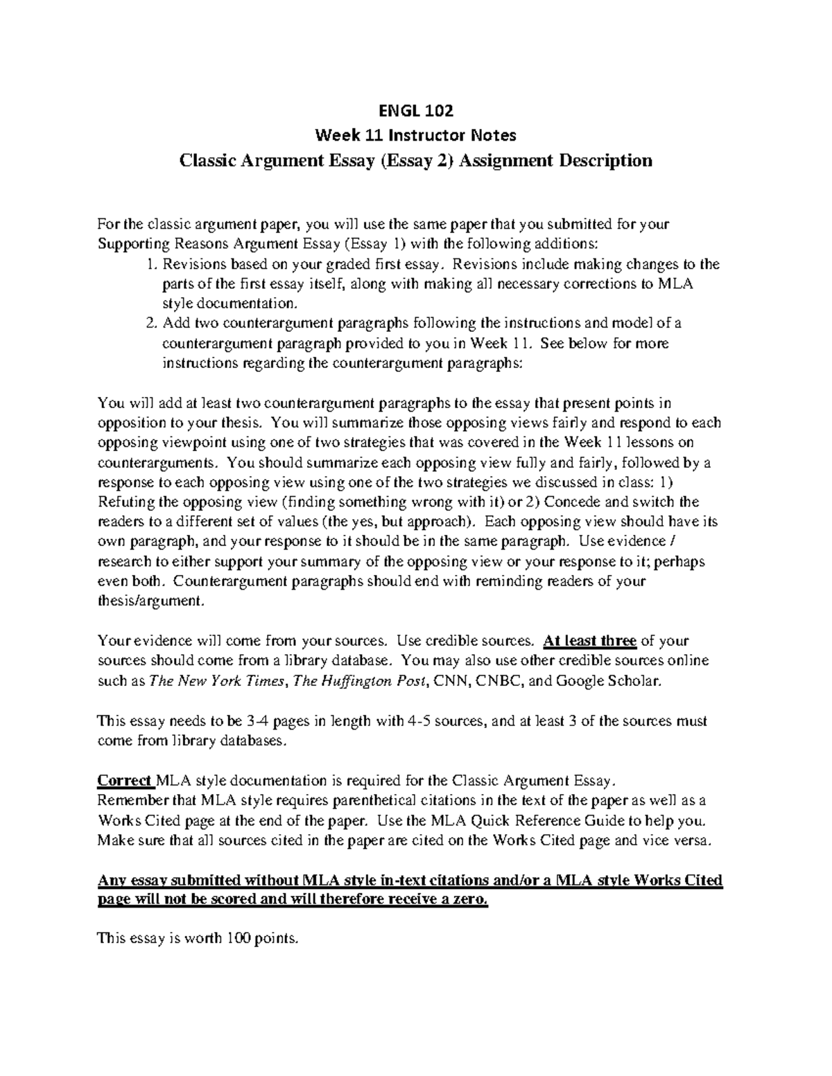 Classic Argument Essay 2 Assignment Description - ENGL 102 Week 11 ...